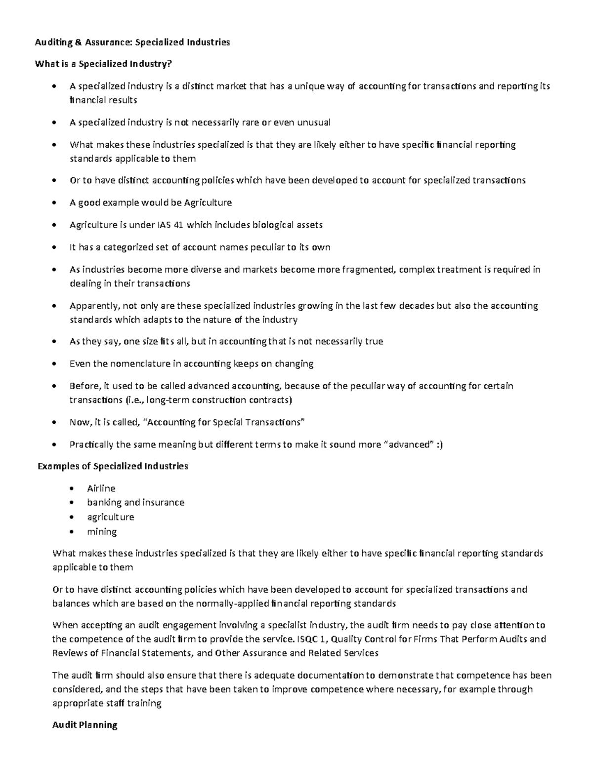 Auditing Assurance: Specialized Industries Overview and Insights - Studocu
