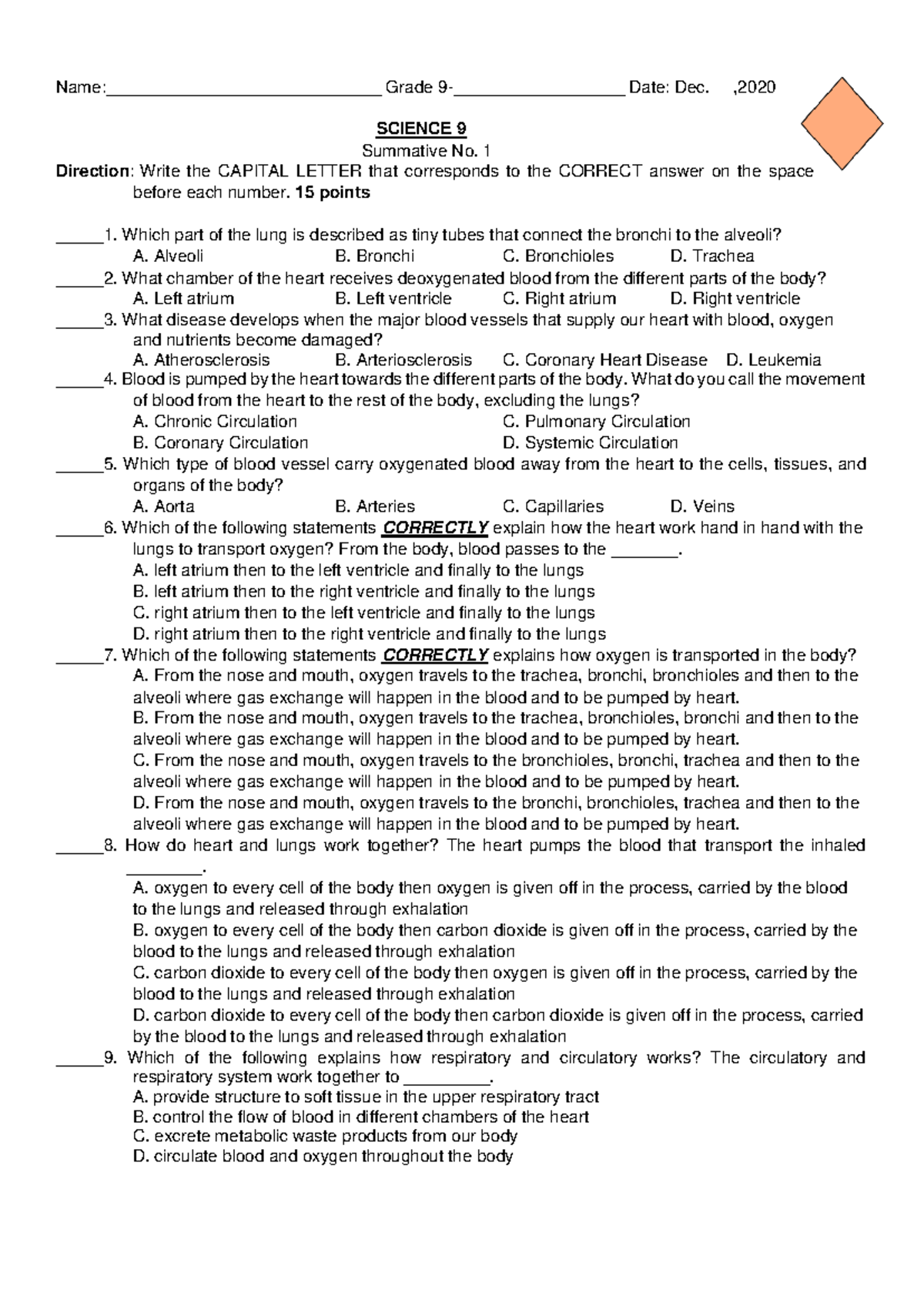 Science 9 Summative Assessment 1 Q1 2020 - Studocu