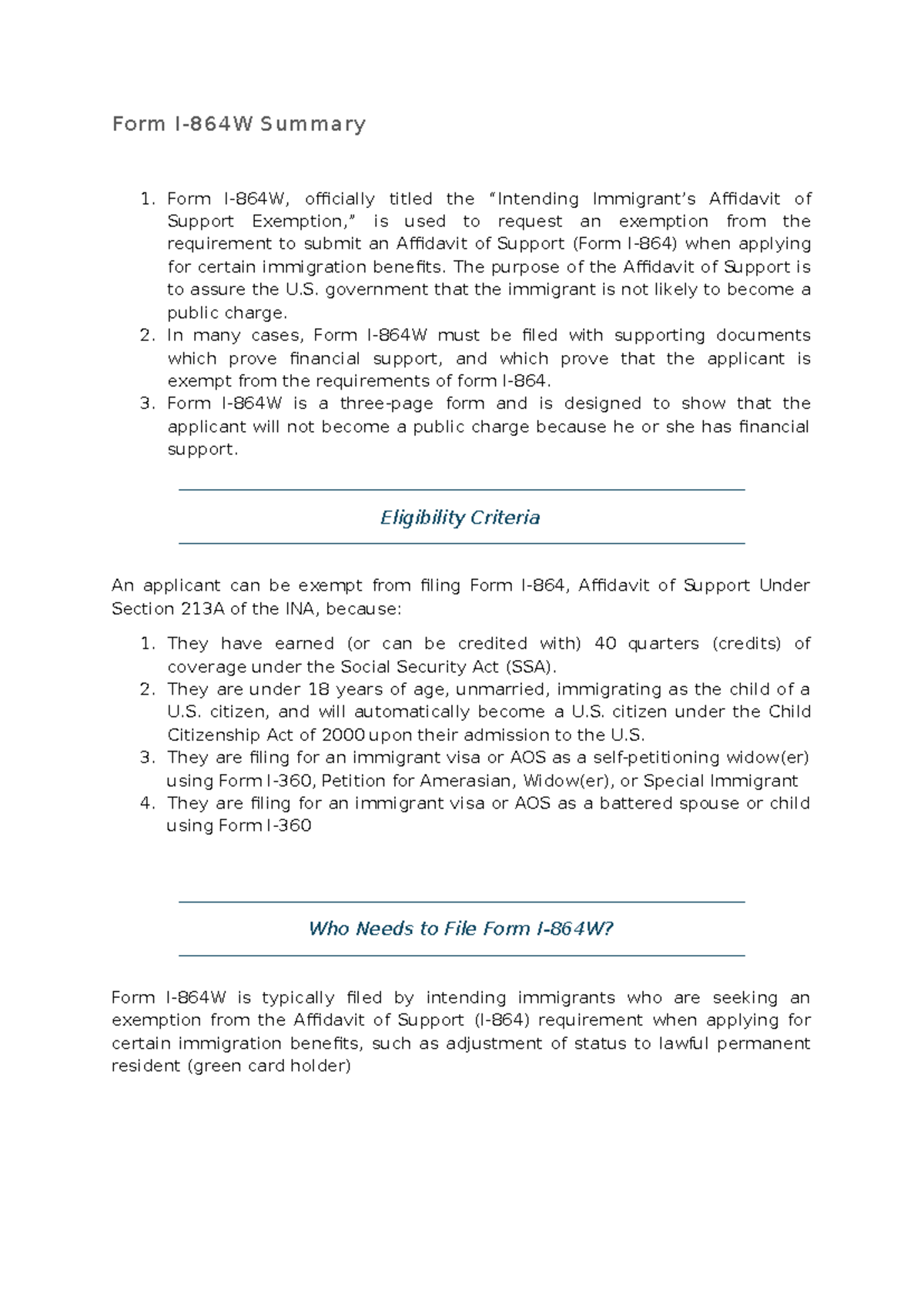 I-864W Form Summary - Immigration Law Notes Overview - Studocu