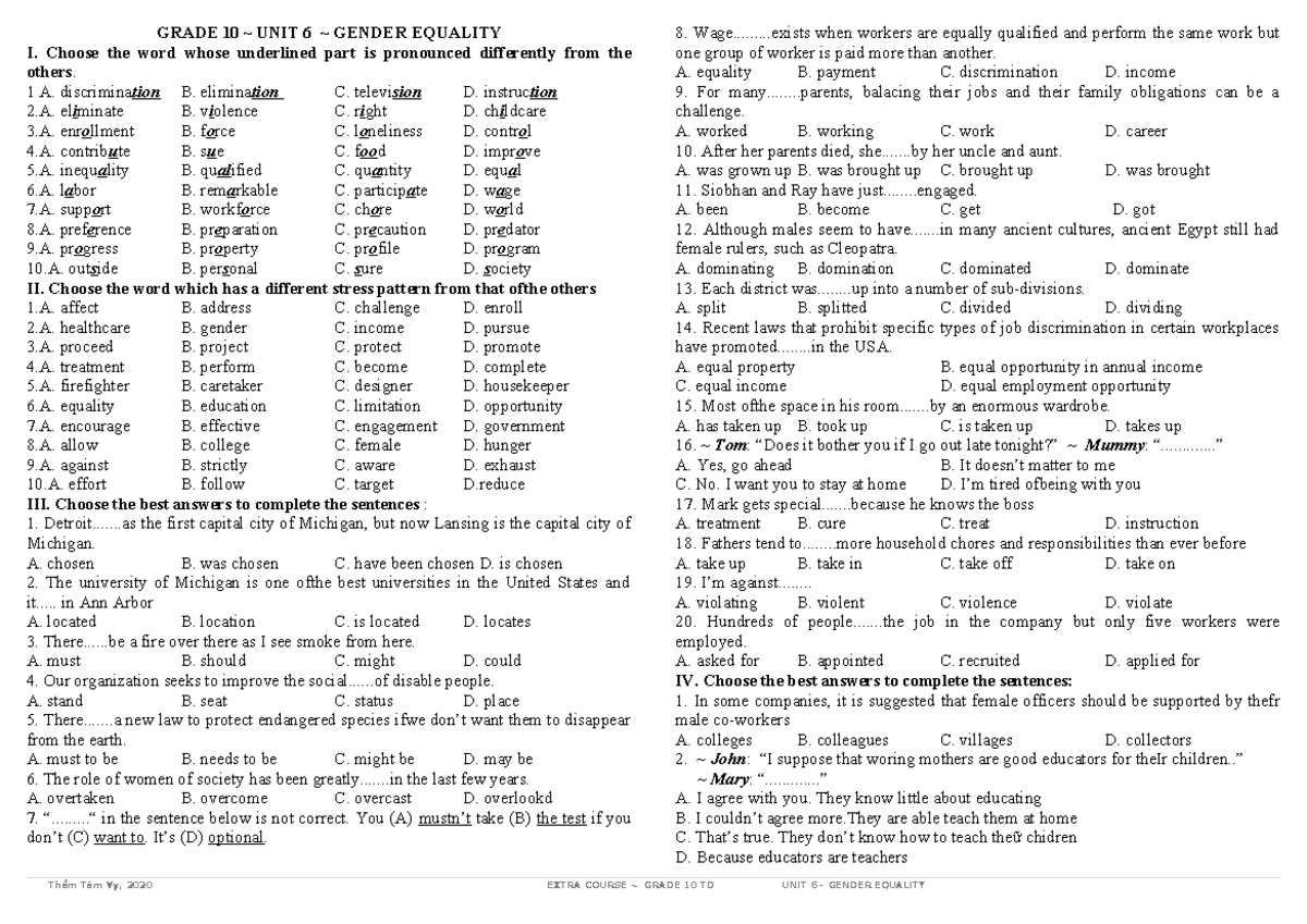 English 10 UNIT 6: Gender Equality Study Guide and Exercises - Studocu