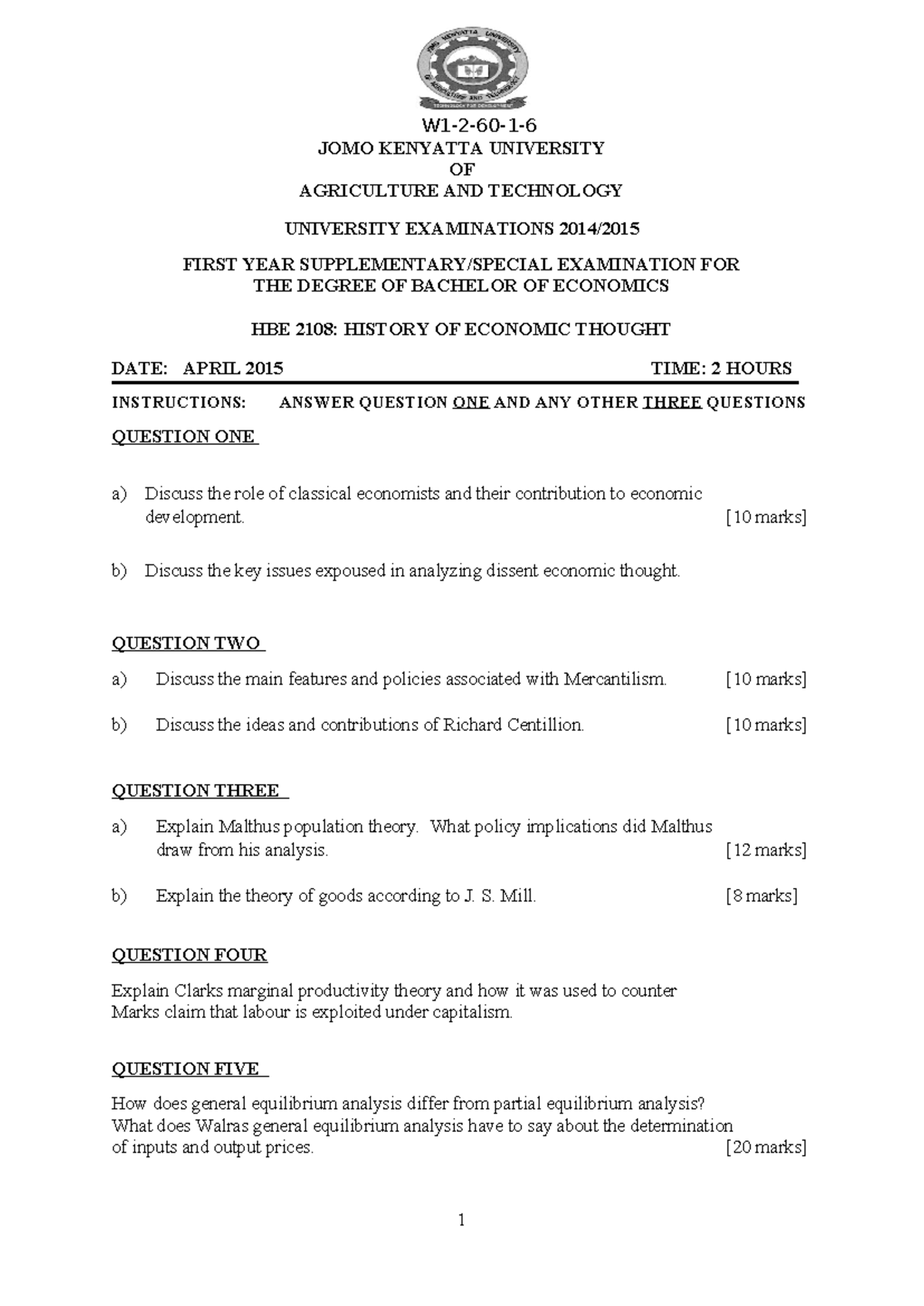 HBE 2108: History of Economic Thought - Supplementary Exam Notes - Studocu