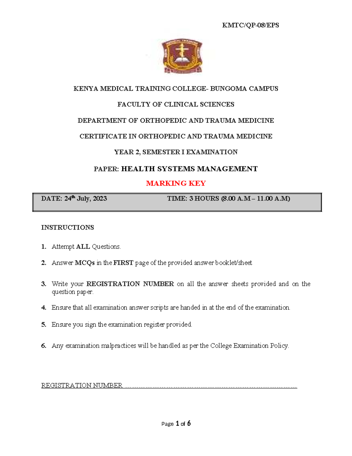 COTM 2.1 M2022 Health Systems Management Exam Marking Key - Studocu