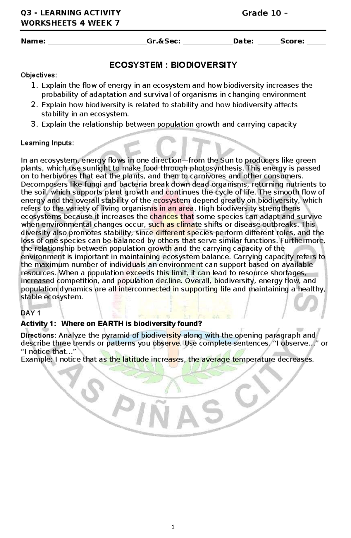 Q3 LEARNING ACTIVITY WORKSHEETS 4 WEEK 7: Grade 10 SCIENCE on ECOSYSTEM ...