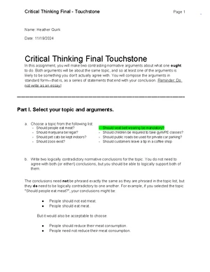 Critical Thinking Touchstone 4 - Critical Thinking – Final Touchstone ...