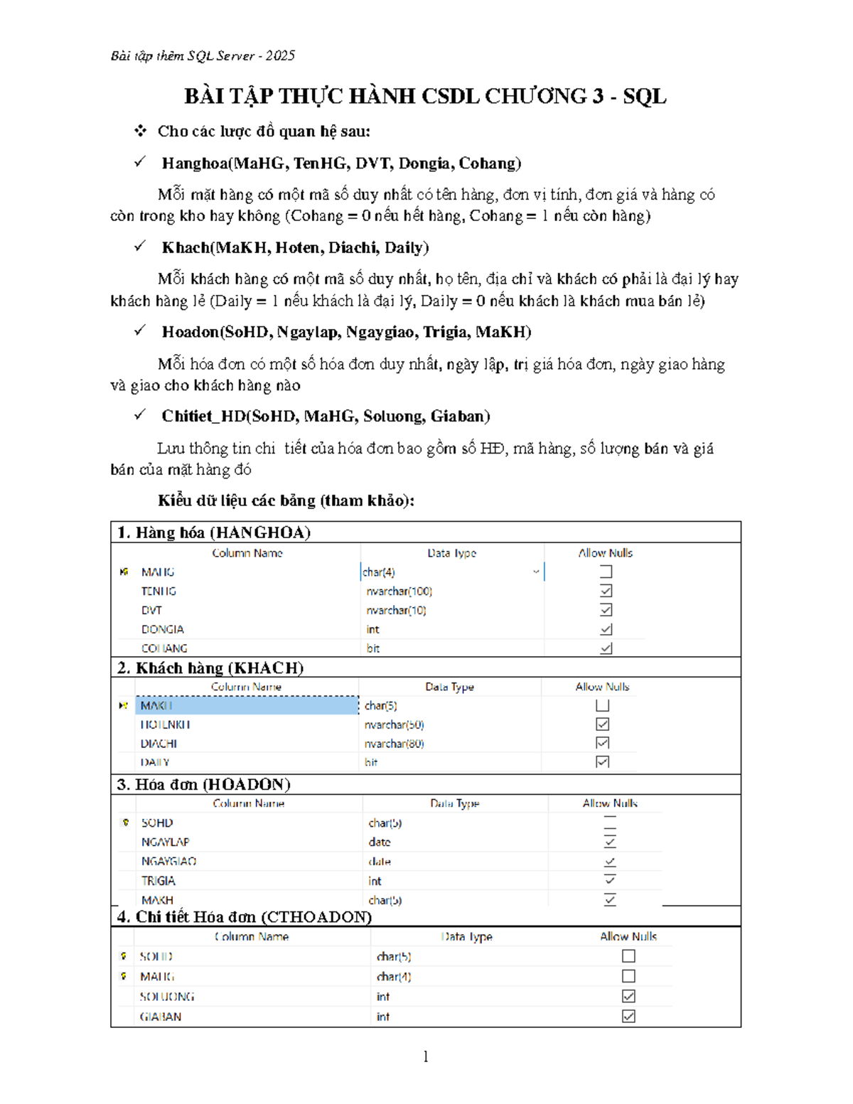 Bài Tập Thực Hành SQL Server 2025 - CSDL Chương 3 - Studocu