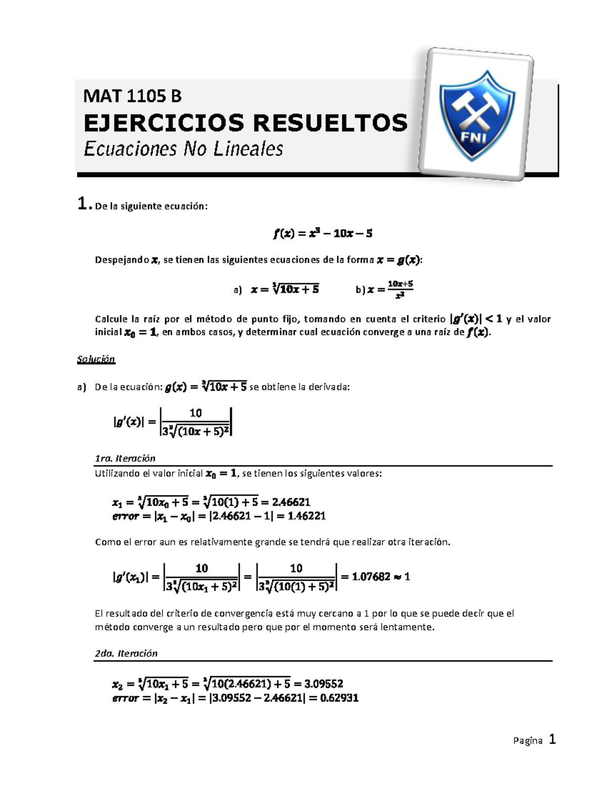 MAT 1105 B EJERCICIOS RESUELTOS: Métodos de Raíces y Convergencia - Studocu