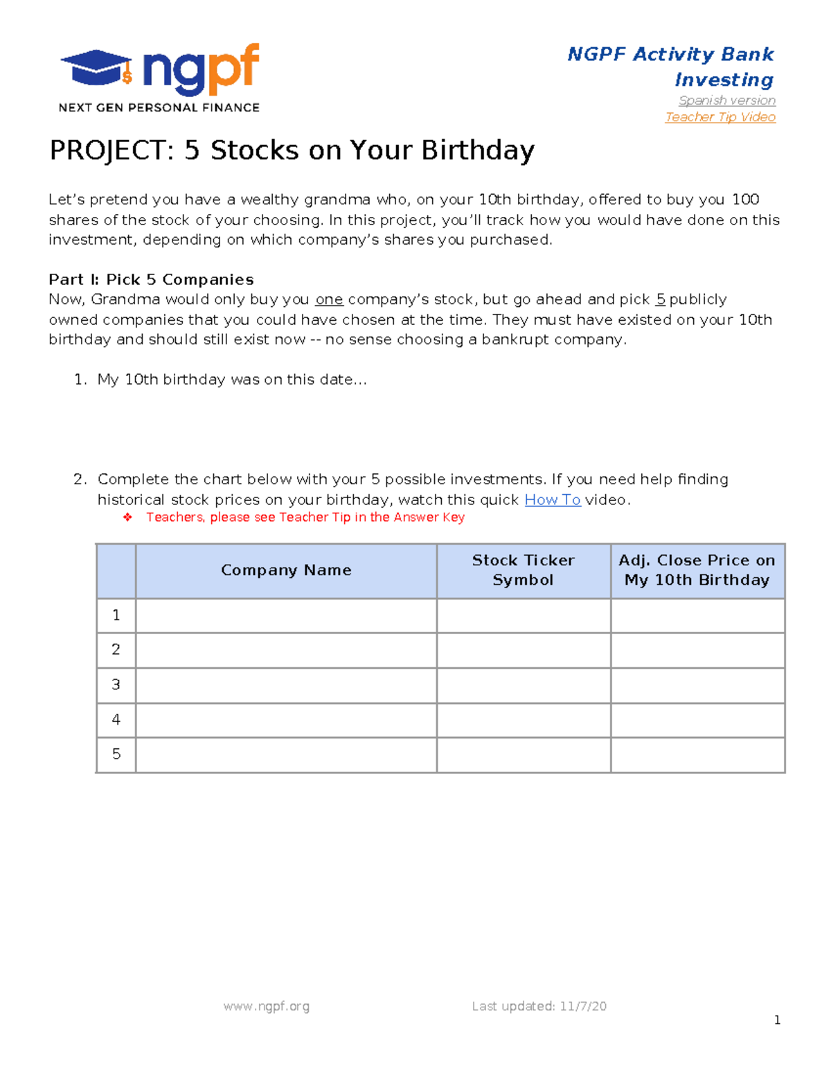 Project 5: Stocks on Your Birthday - NGPF Investing Activity - Studocu