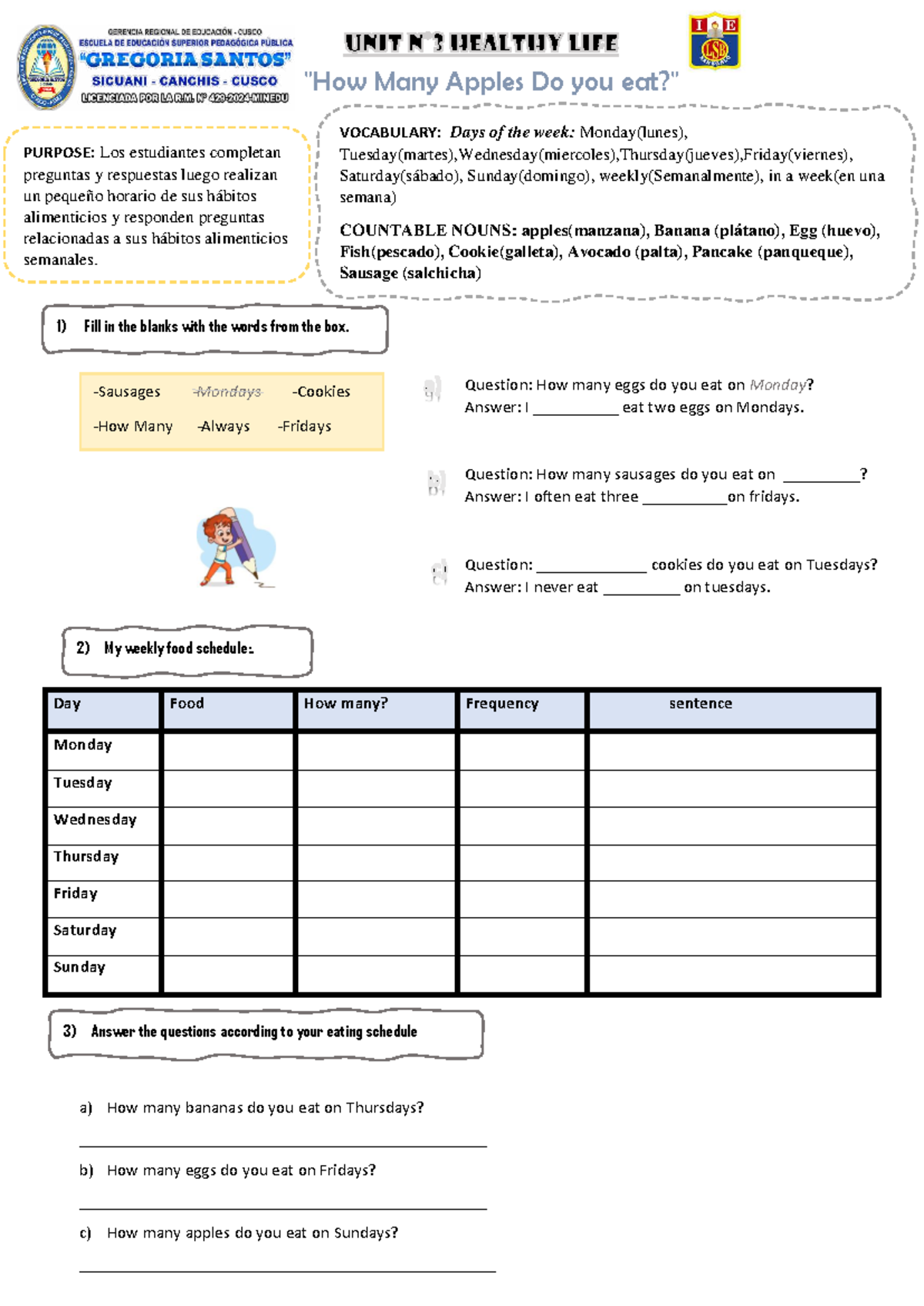 3ro English Lesson: Weekly Food Vocabulary & Schedule Activities - Studocu