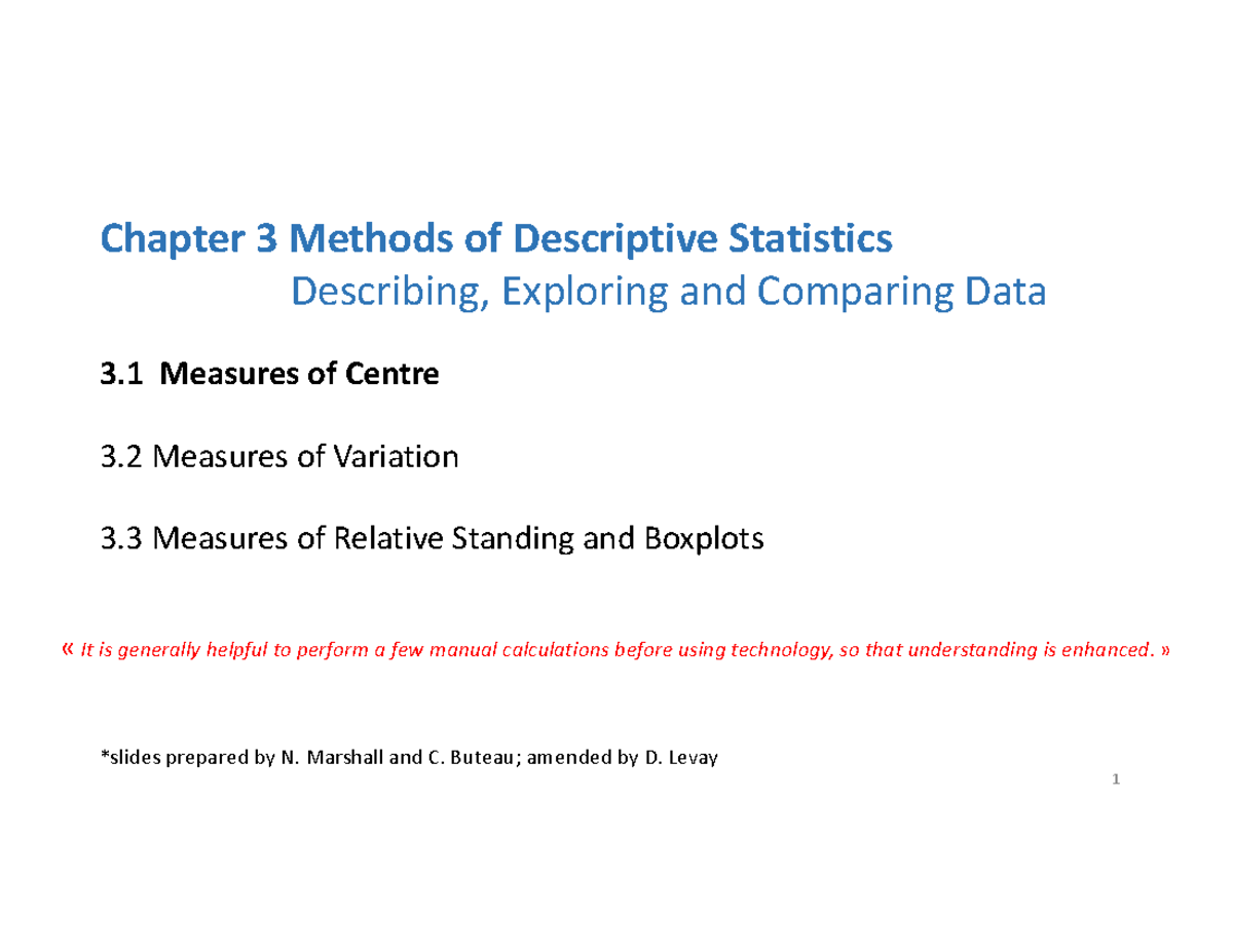 Chapter 3: Descriptive Statistics Methods (MATH 101) - Measures of ...