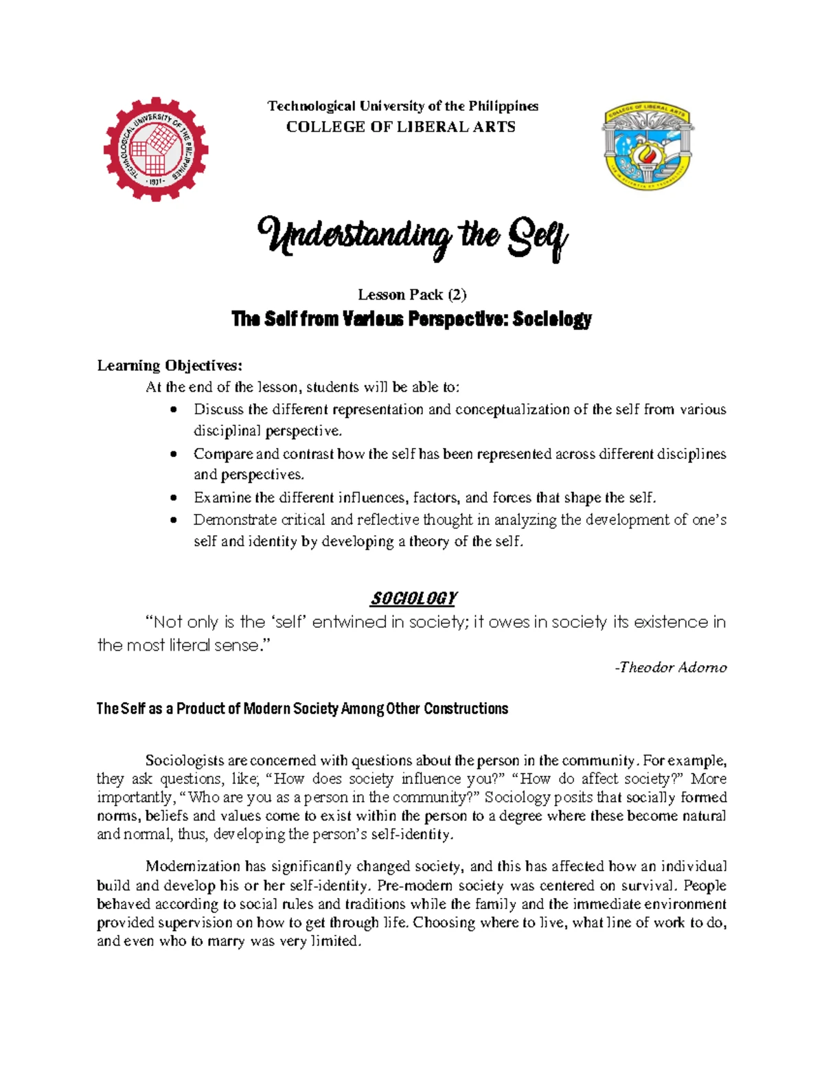 Understanding The Self Lesson 1 - Technological University of the ...