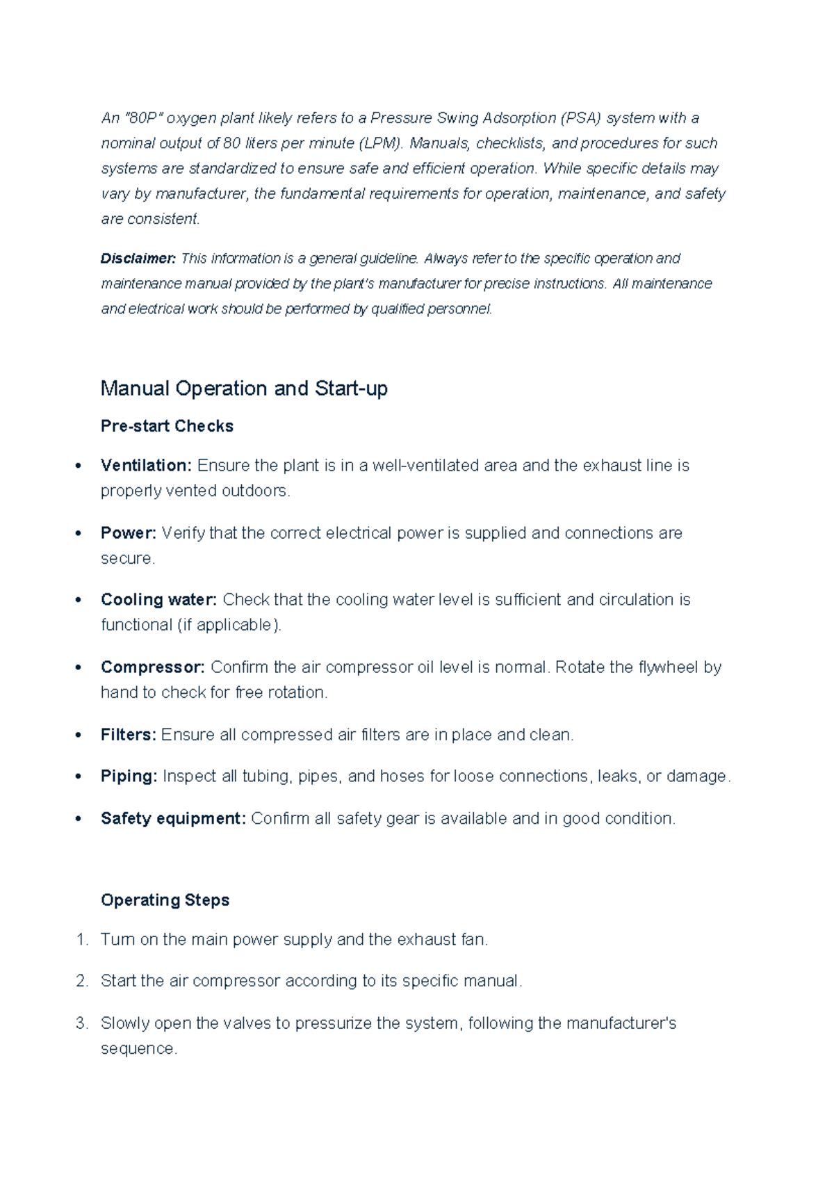 Oxygen Plant Operation & Maintenance Checklists (PSA System) - Studocu
