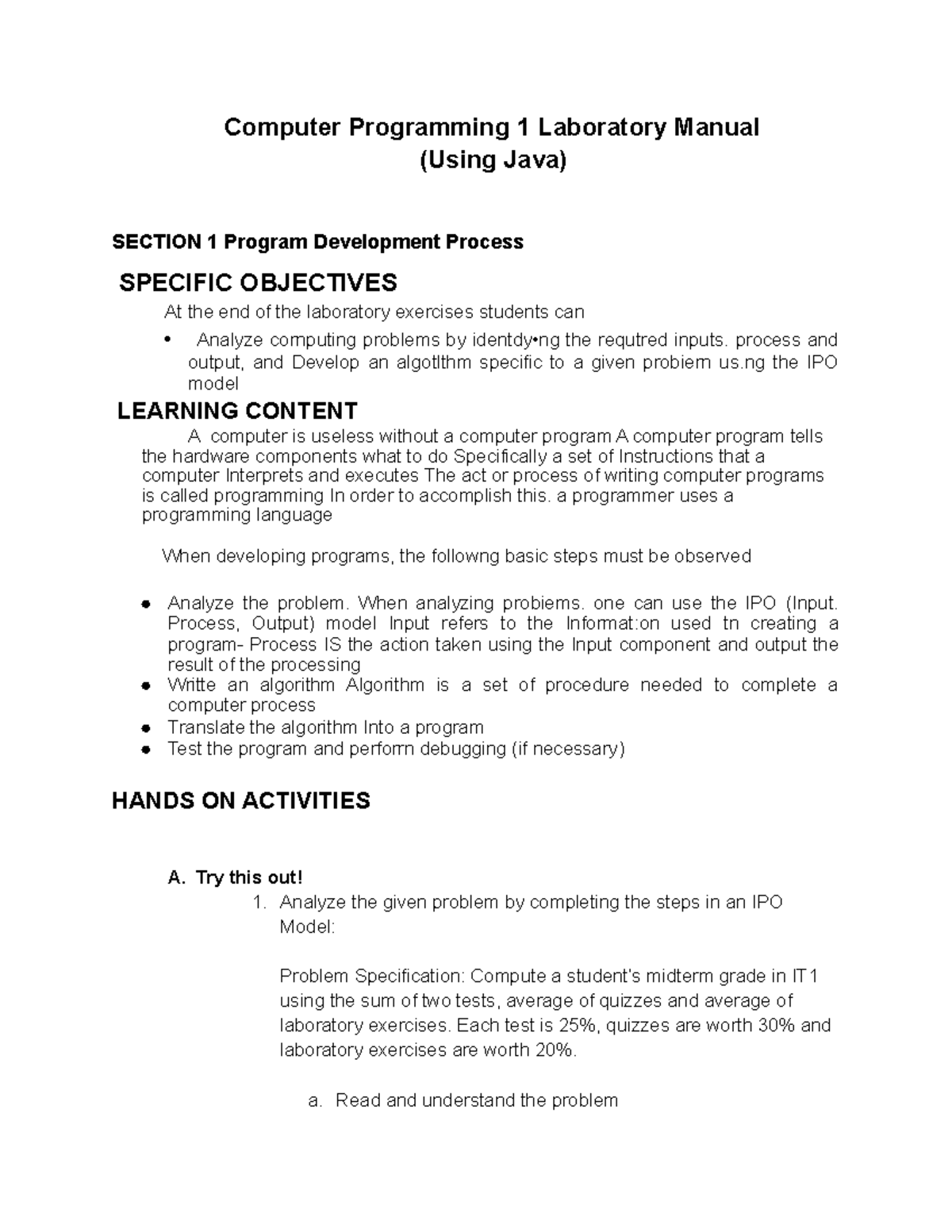 Computer Programming 1 Lab Manual: Analysis & IPO Model Steps - Studocu