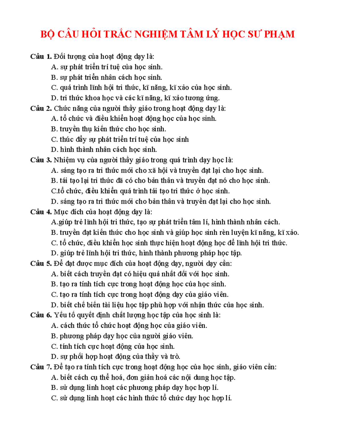 Bộ Câu Hỏi Trắc Nghiệm Tâm Lý Học Sư Phạm - Tài Liệu Ôn Tập 2023 - Studocu