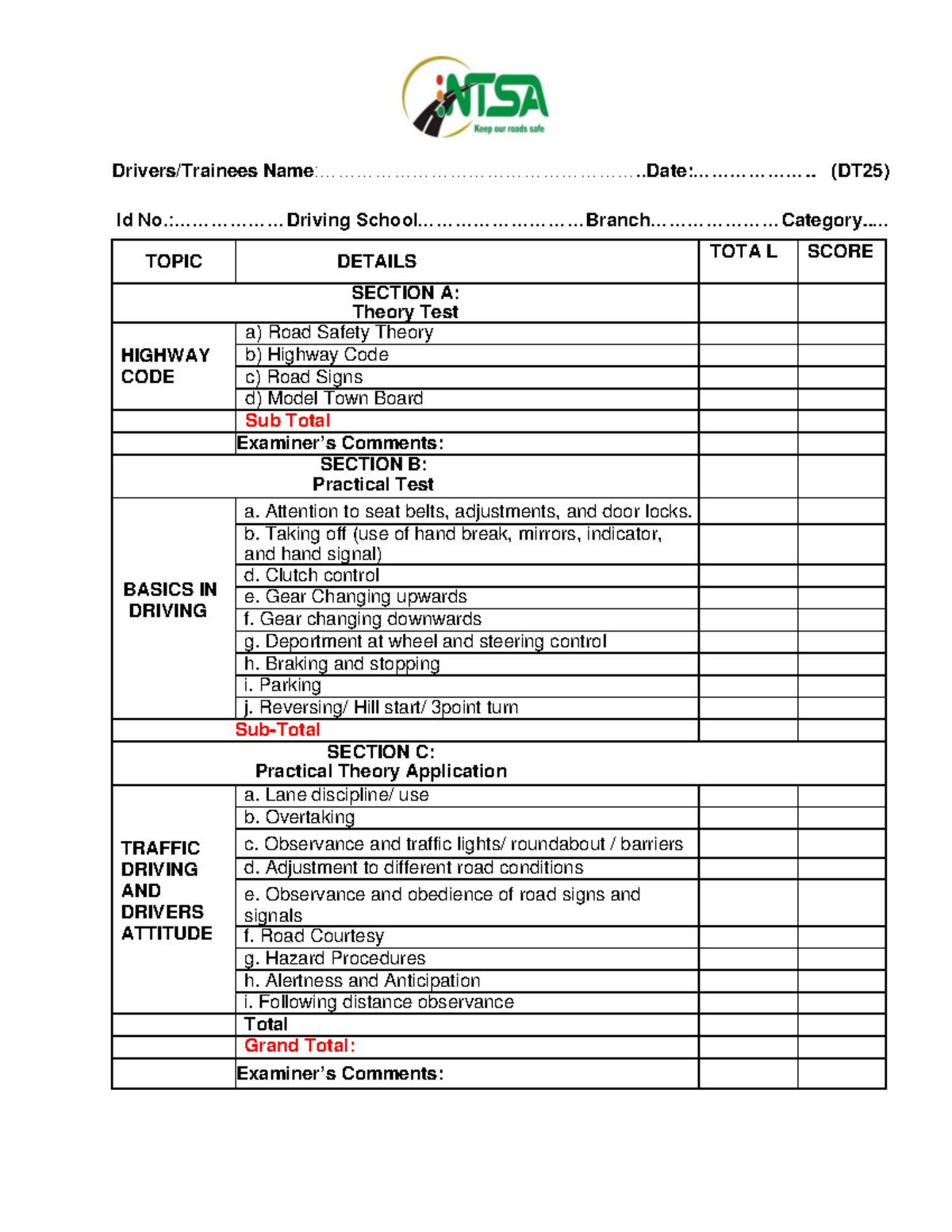 Form DT 25: Theory and Practical Driving Test Score Sheet - Studocu