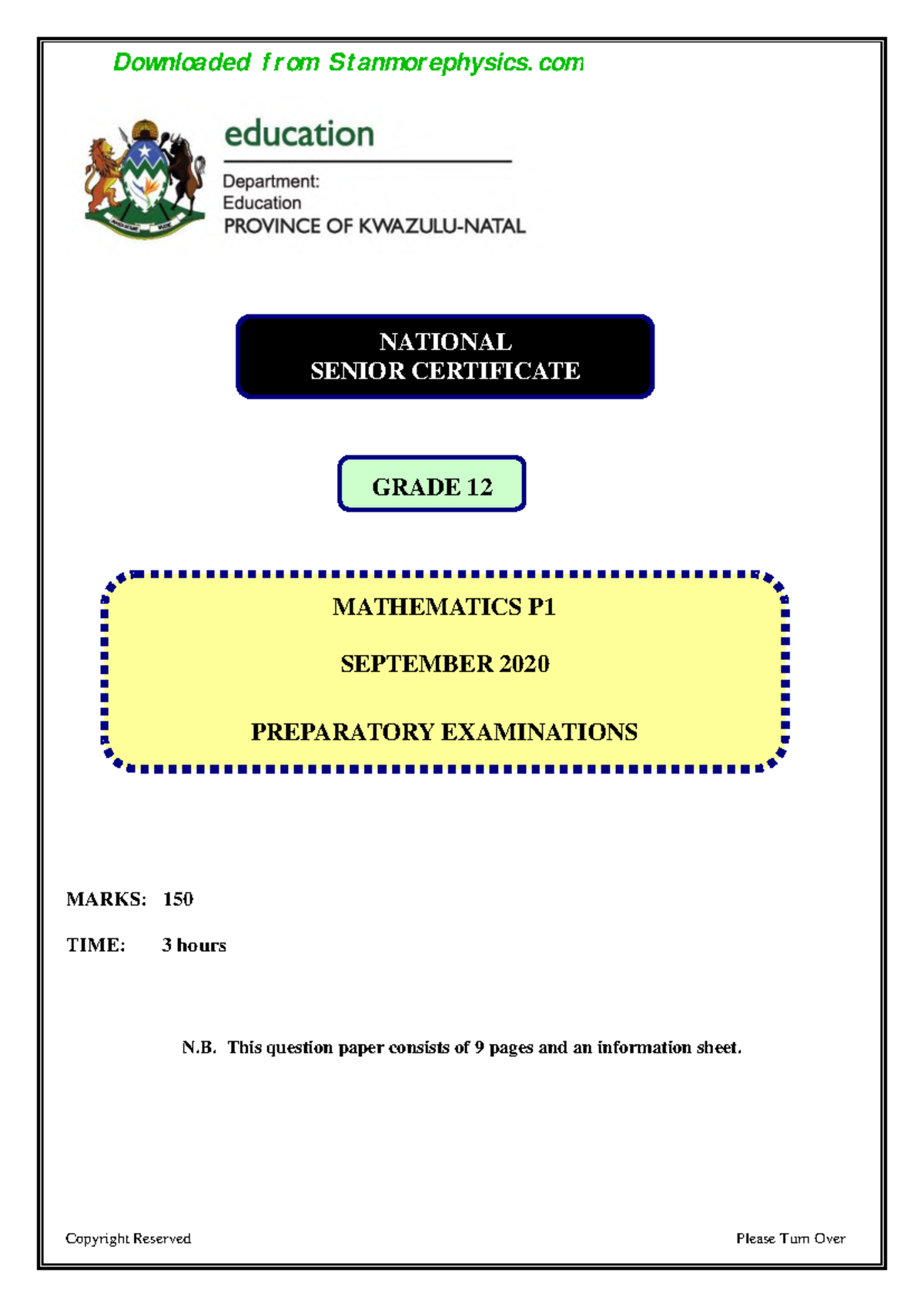 MATHs SEPT 2020 Grade 12 P1 and Memo - Mathematics P1 1 September 2020 ...