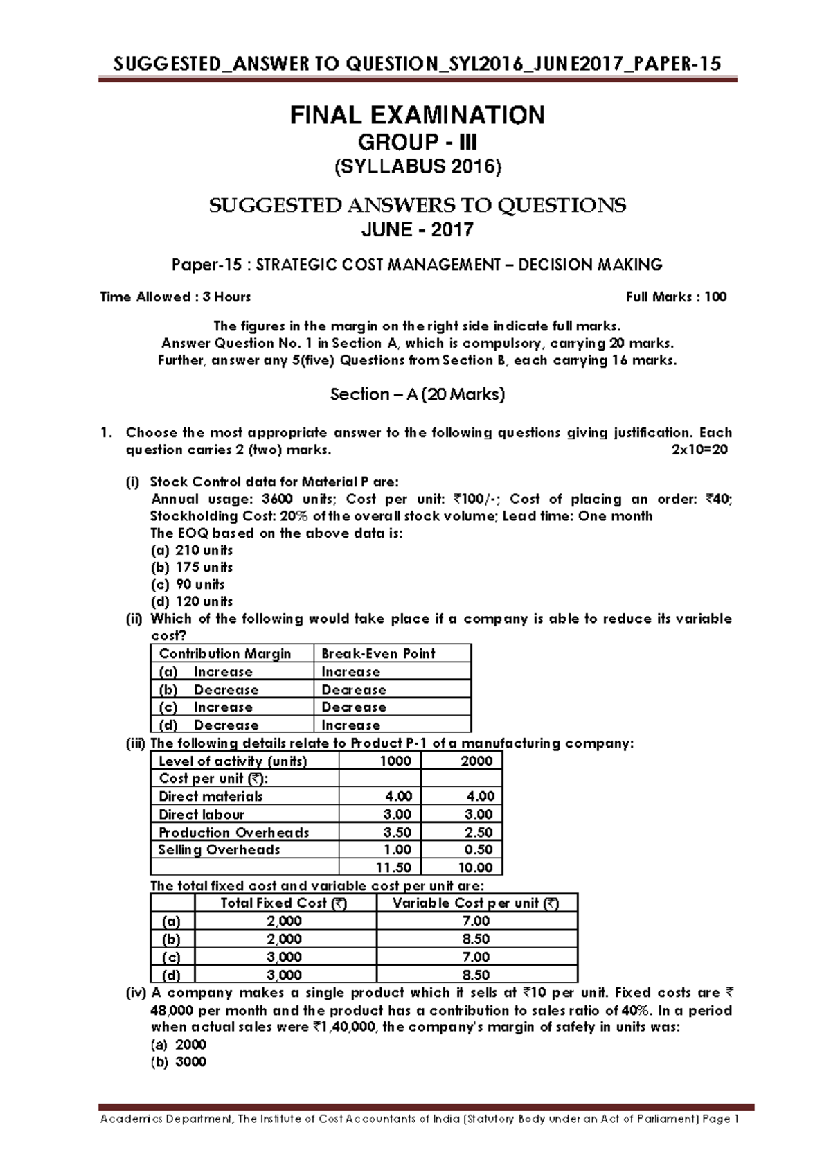 P15 - Final Exam Suggested Answers for Strategic Cost Management - Studocu