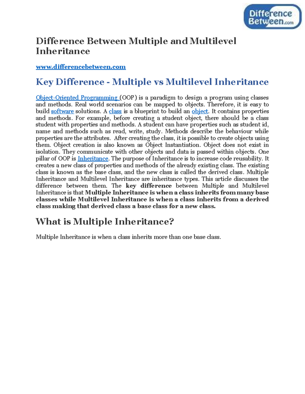 Difference Between Multiple and Multilevel Inheritance - Difference ...