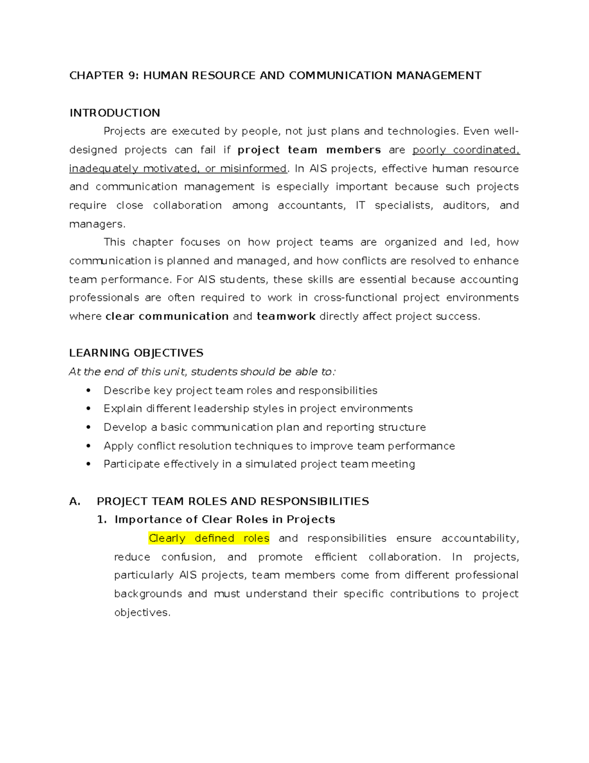 CHAPTER 9: PROJECT HUMAN RESOURCE & COMMUNICATION MANAGEMENT - Studocu