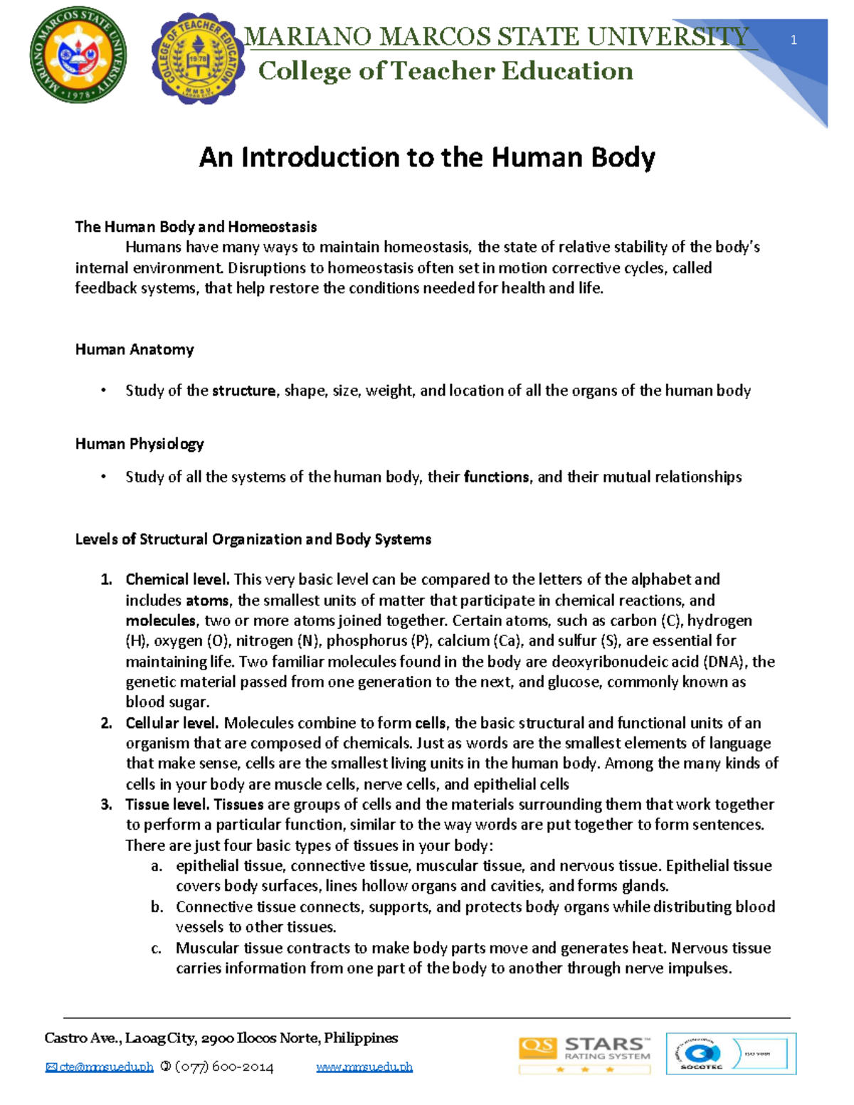 MARIANO MARCOS STATE UNIVERSITY CTE: Intro to Human Body & Homeostasis ...