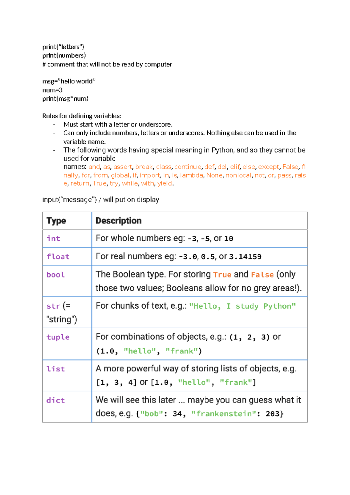 Python code notes - print(“letters”) print(numbers) # comment that will ...
