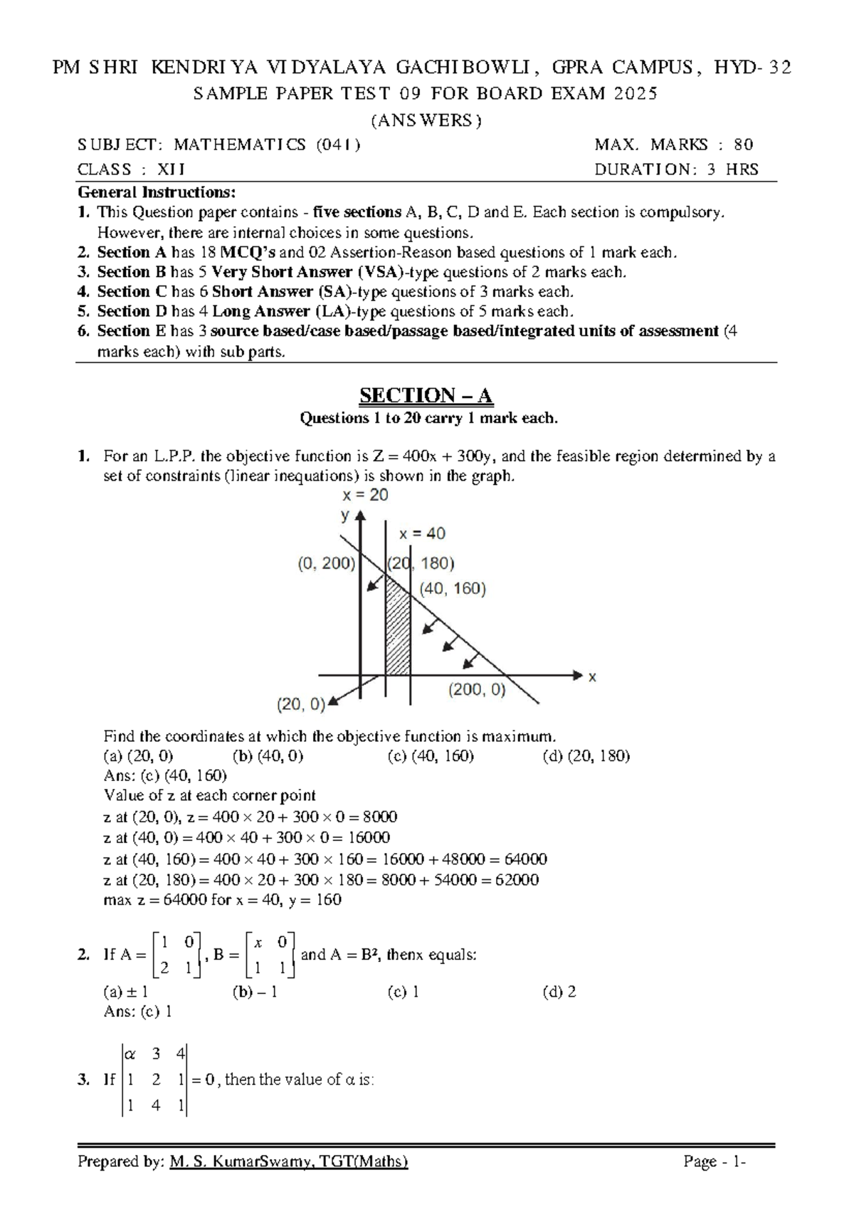 Maths Class XII Sample Paper Test 09 for Board Exam 2025 (Answers ...