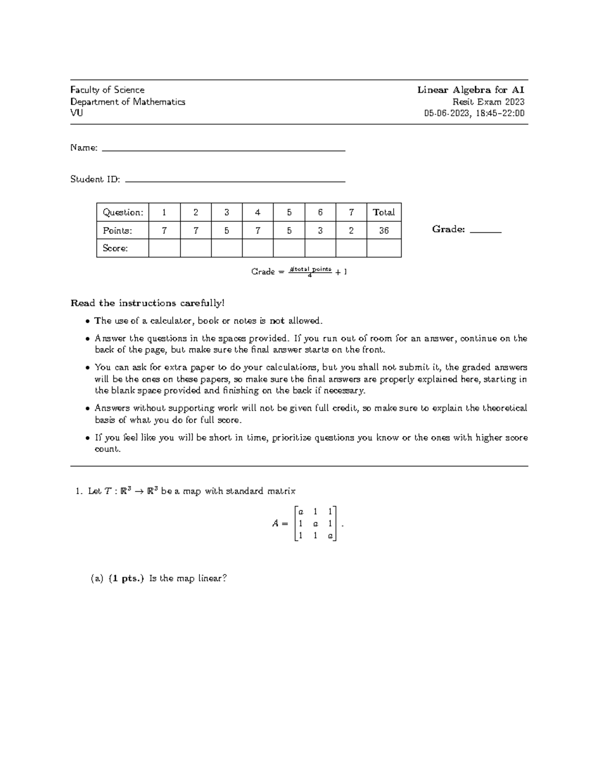 Linear Algebra for AI Resit Exam 2023 - Faculty of Science - Studeersnel