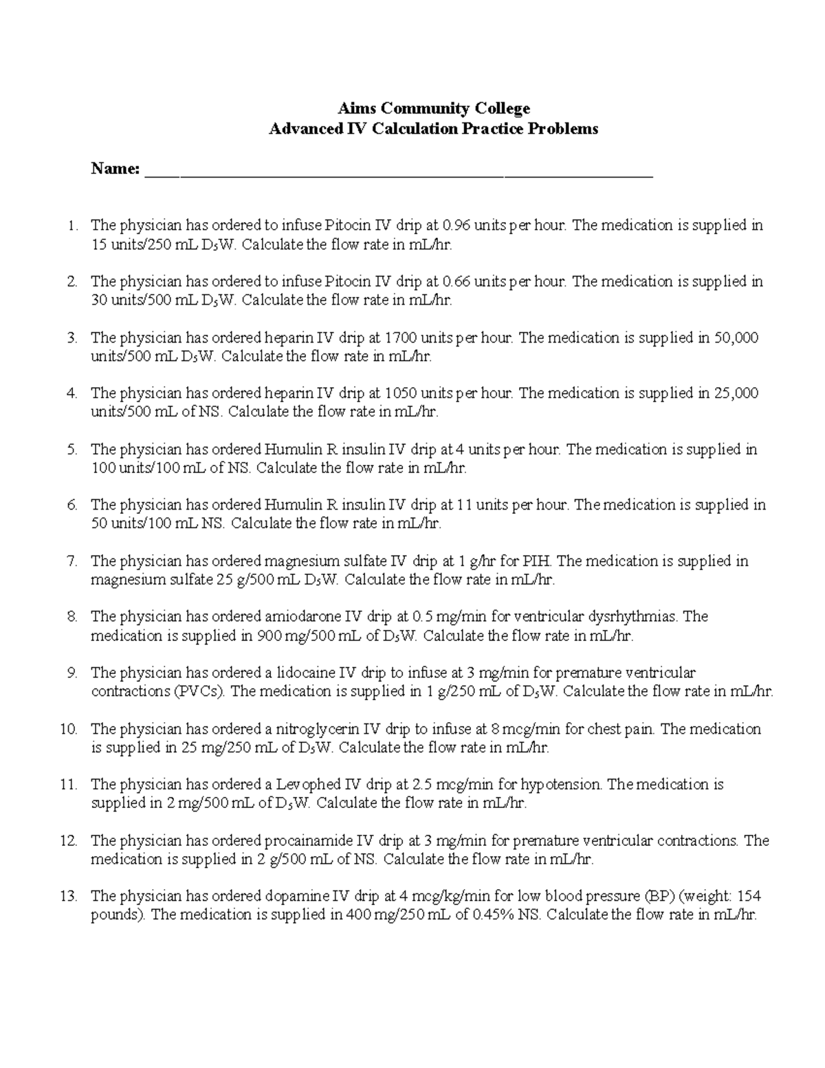Advanced IV Calculation Practice Problems for AIMS 101 - Studocu