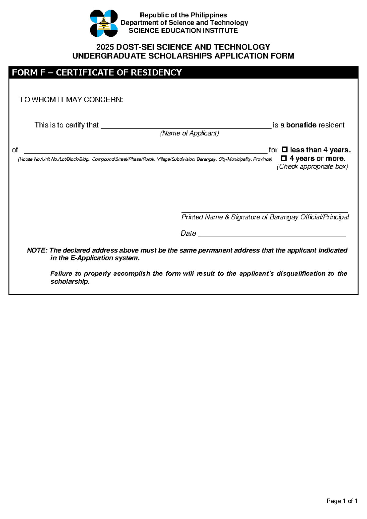 2025 DOST-SEI S&T Undergraduate Application Form F-Final - Republic of the Philippines ...