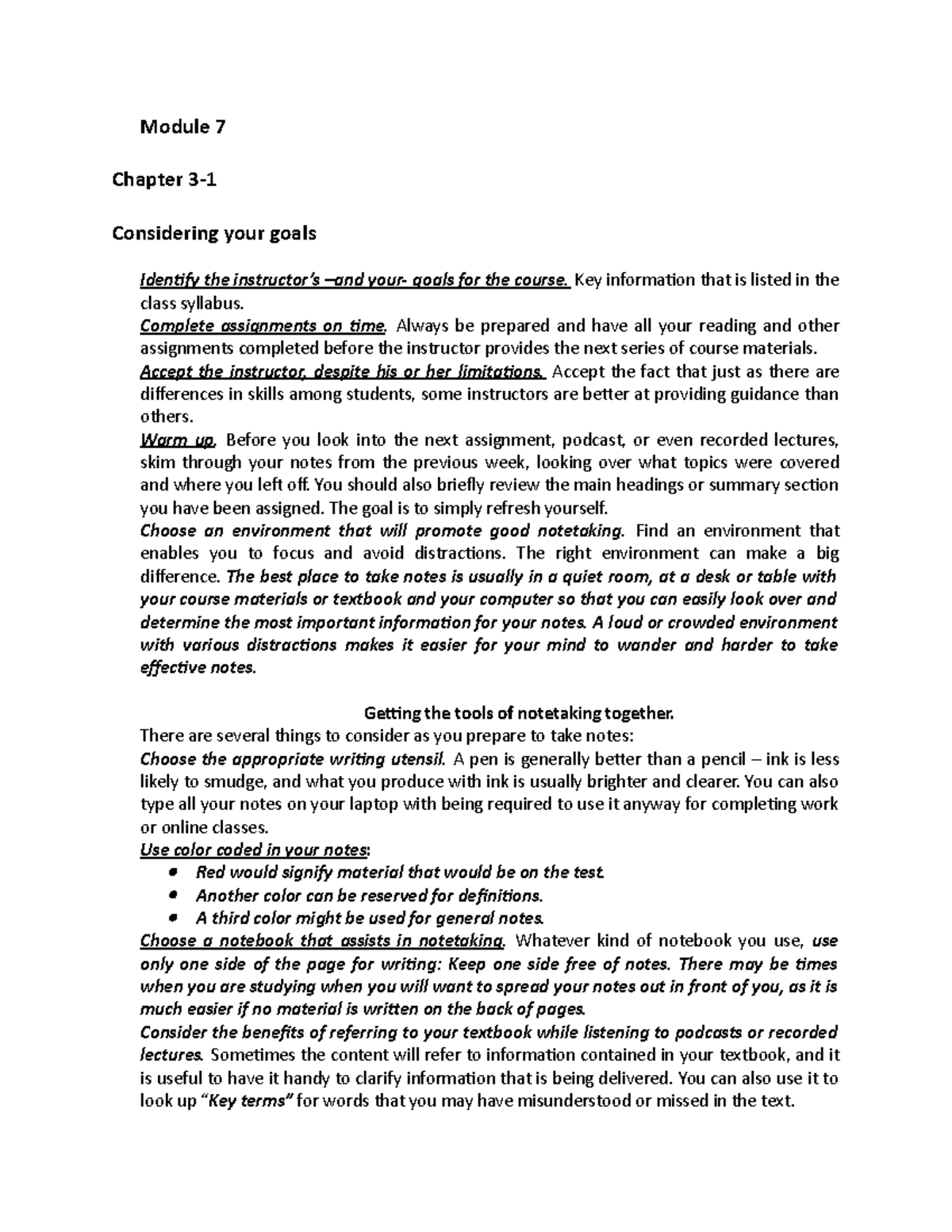 Module 7 notes - Module 7 Chapter 3- Considering your goals Identify ...