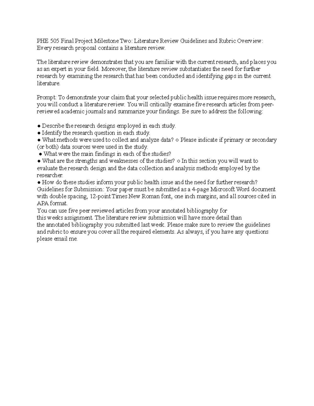 PHE 505 Final Project Milestone Two - The literature review ...