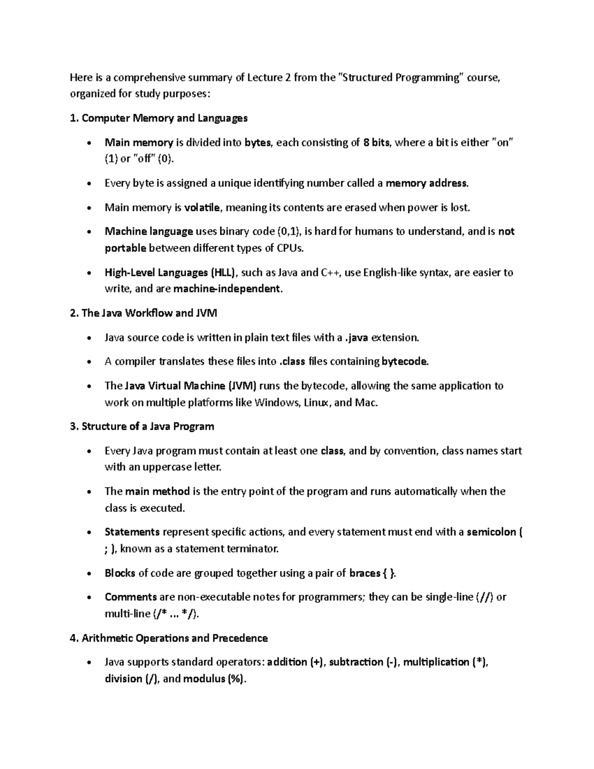 CS101: Summary of Lecture 2 - Computer Memory, Java Workflow & Data Types - Studocu