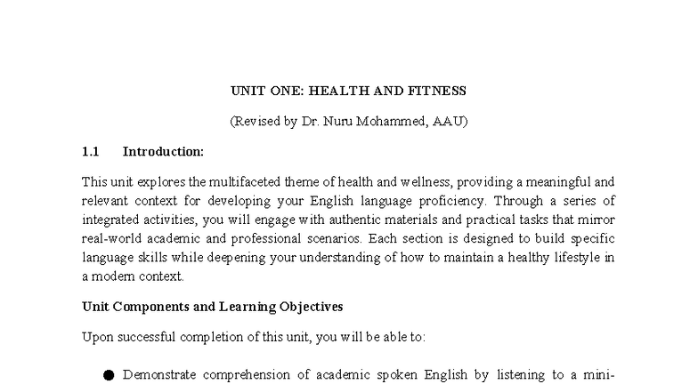 UNIT ONE: HEALTH AND FITNESS - Language Proficiency Development (AAU ...