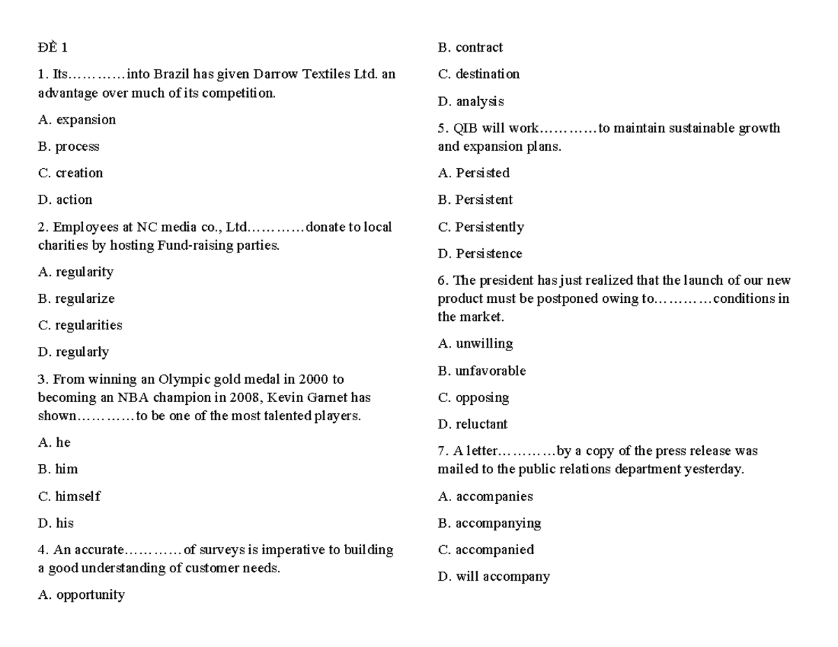 ĐỀ 1 TOEIC - Reading Practice Questions and Answers - Studocu