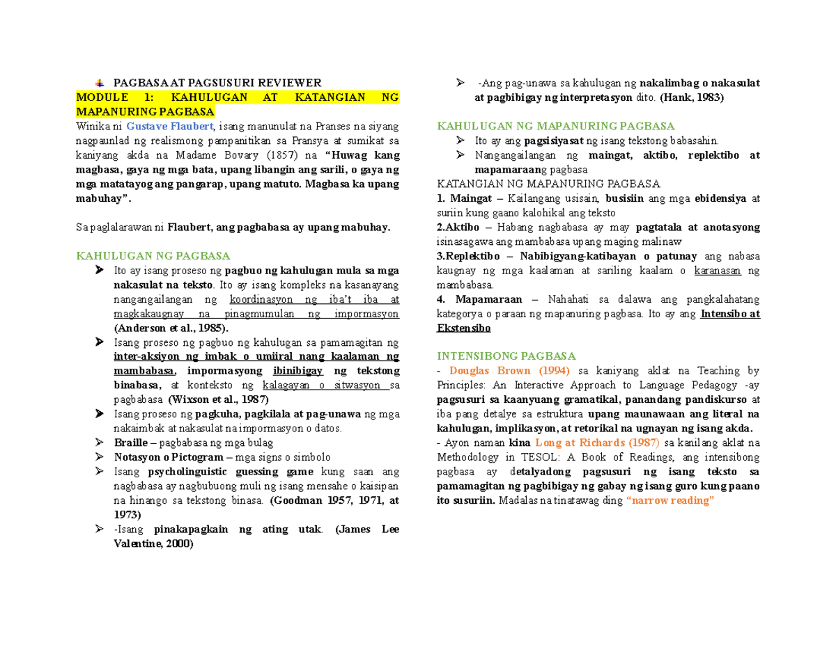 Pagbasa AT Pagsusuri Reviewer Q3 - PAGBASA AT PAGSUSURI REVIEWER MODULE ...