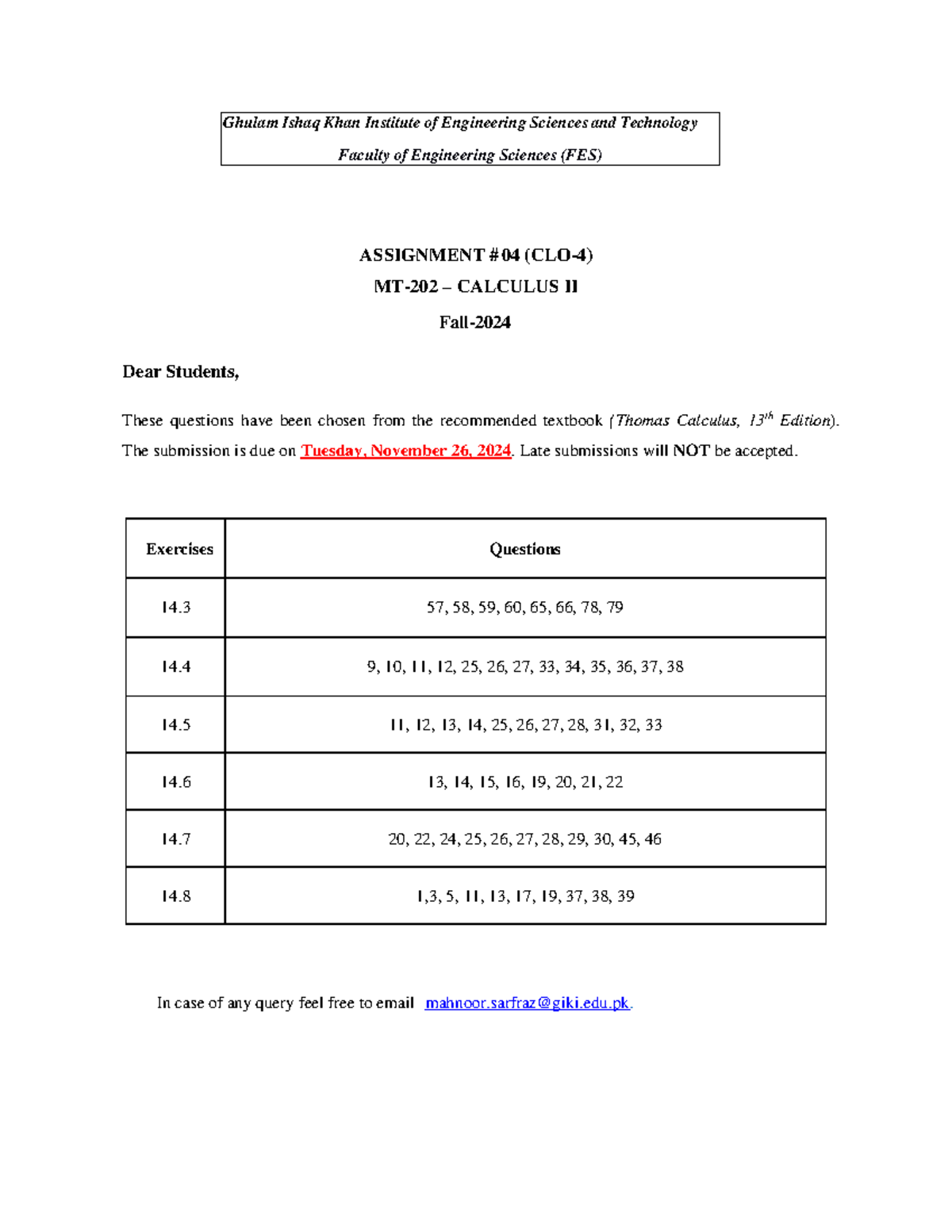 MT202 Calculus II Assignment 04 - Fall 2024 - Studocu