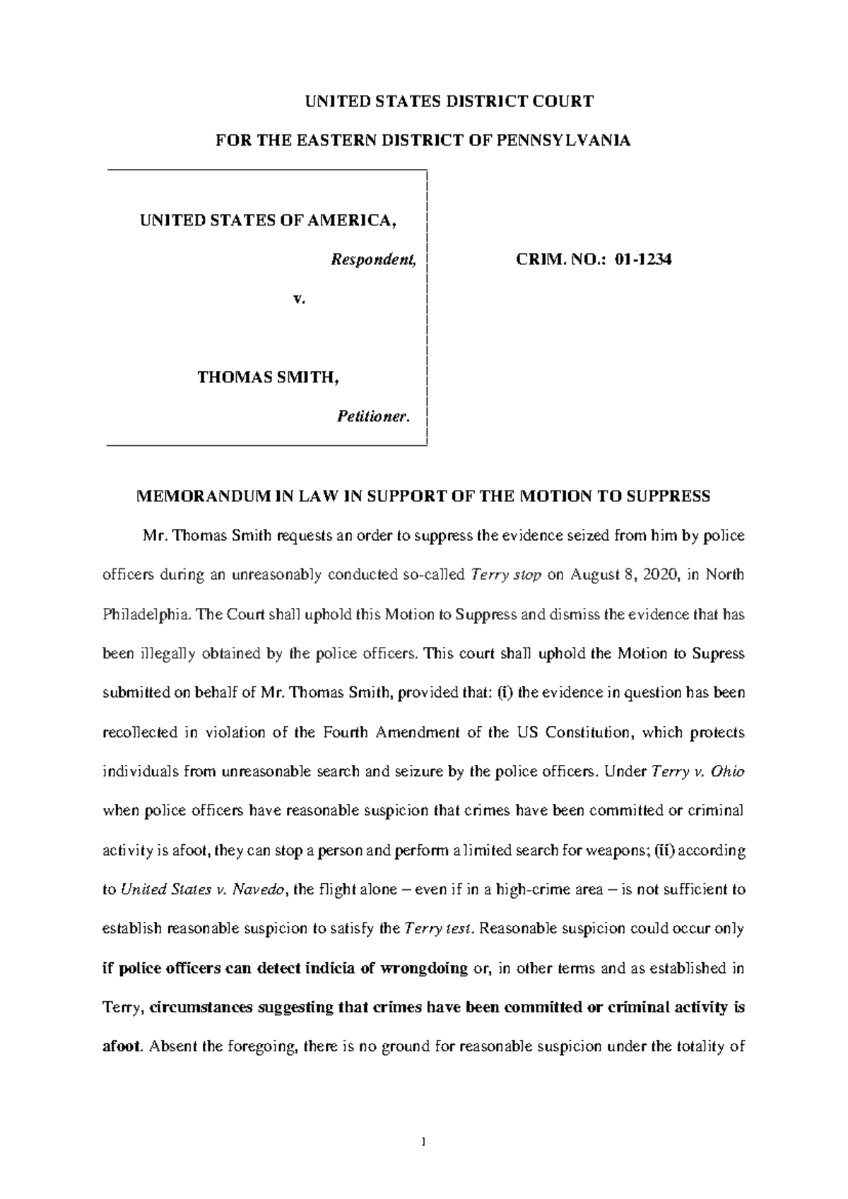 Writing sample Motion to suppress - UNITED STATES DISTRICT COURT FOR ...