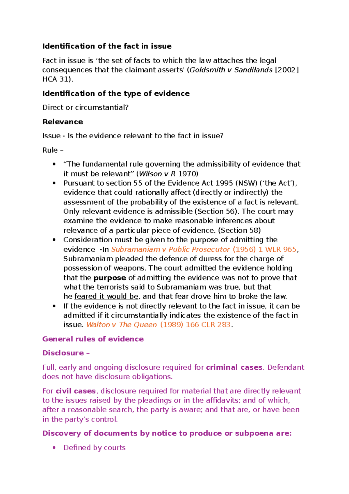 Evidence Law Exam Notes (LAWS101) - Studocu