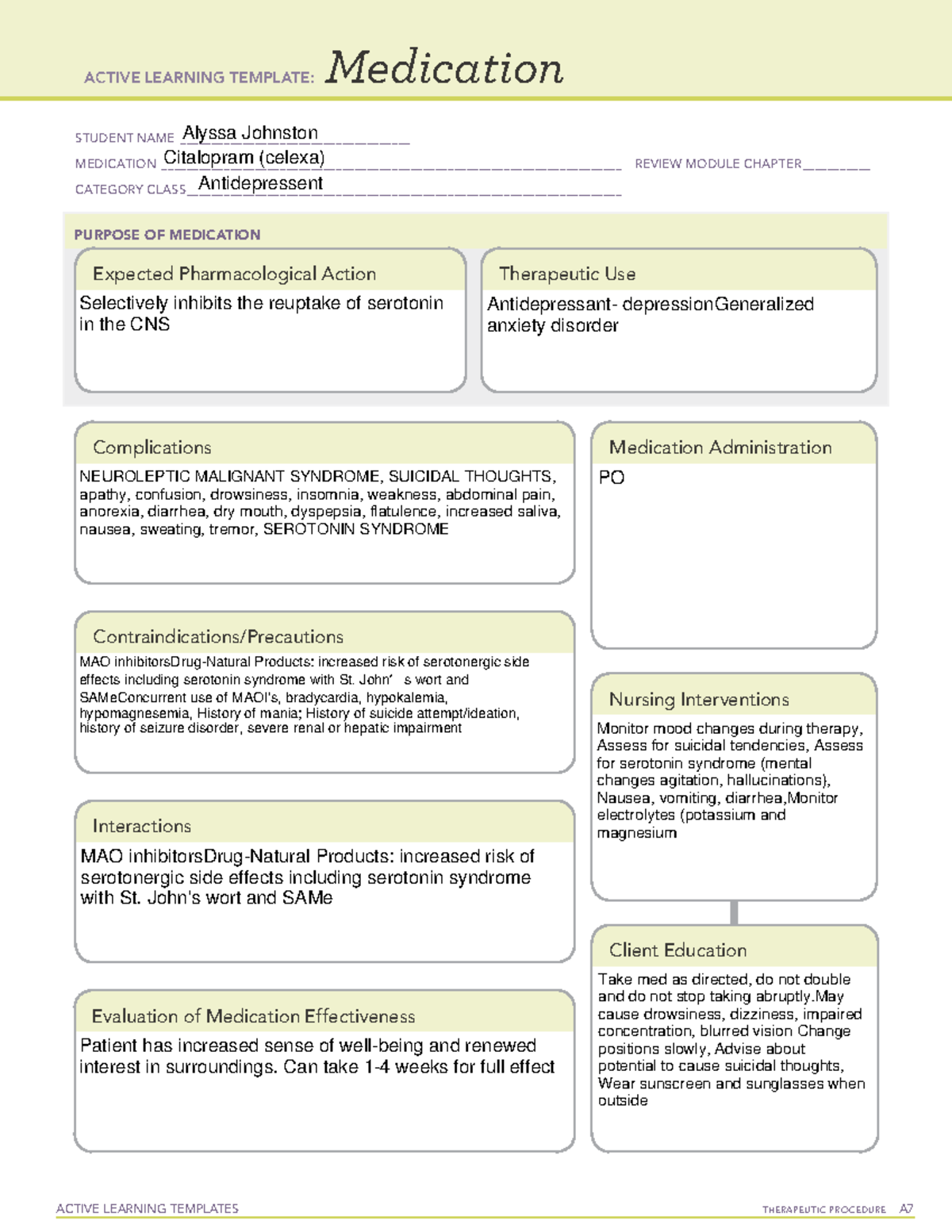Pharmacology 101: Citalopram Medication Template for ATI - Studocu