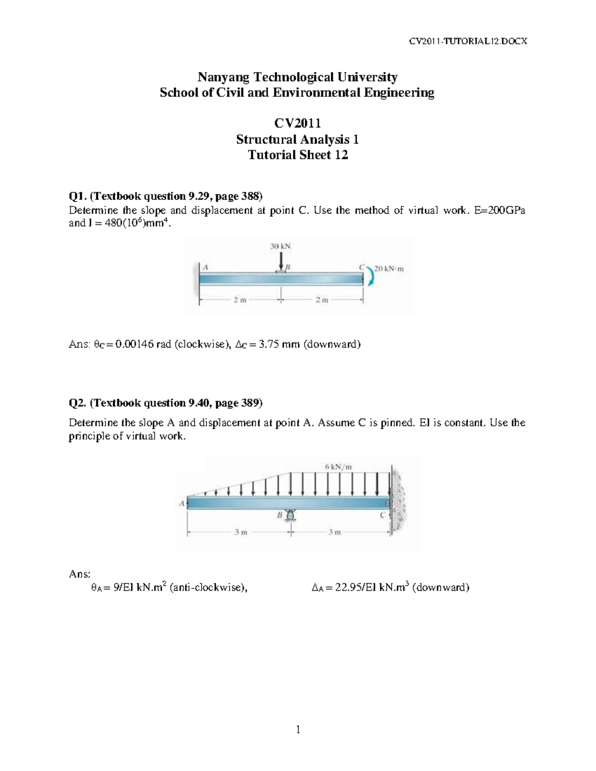 CV2011 Structural Analysis 1 Tutorial Sheet 12 Solutions - Studocu