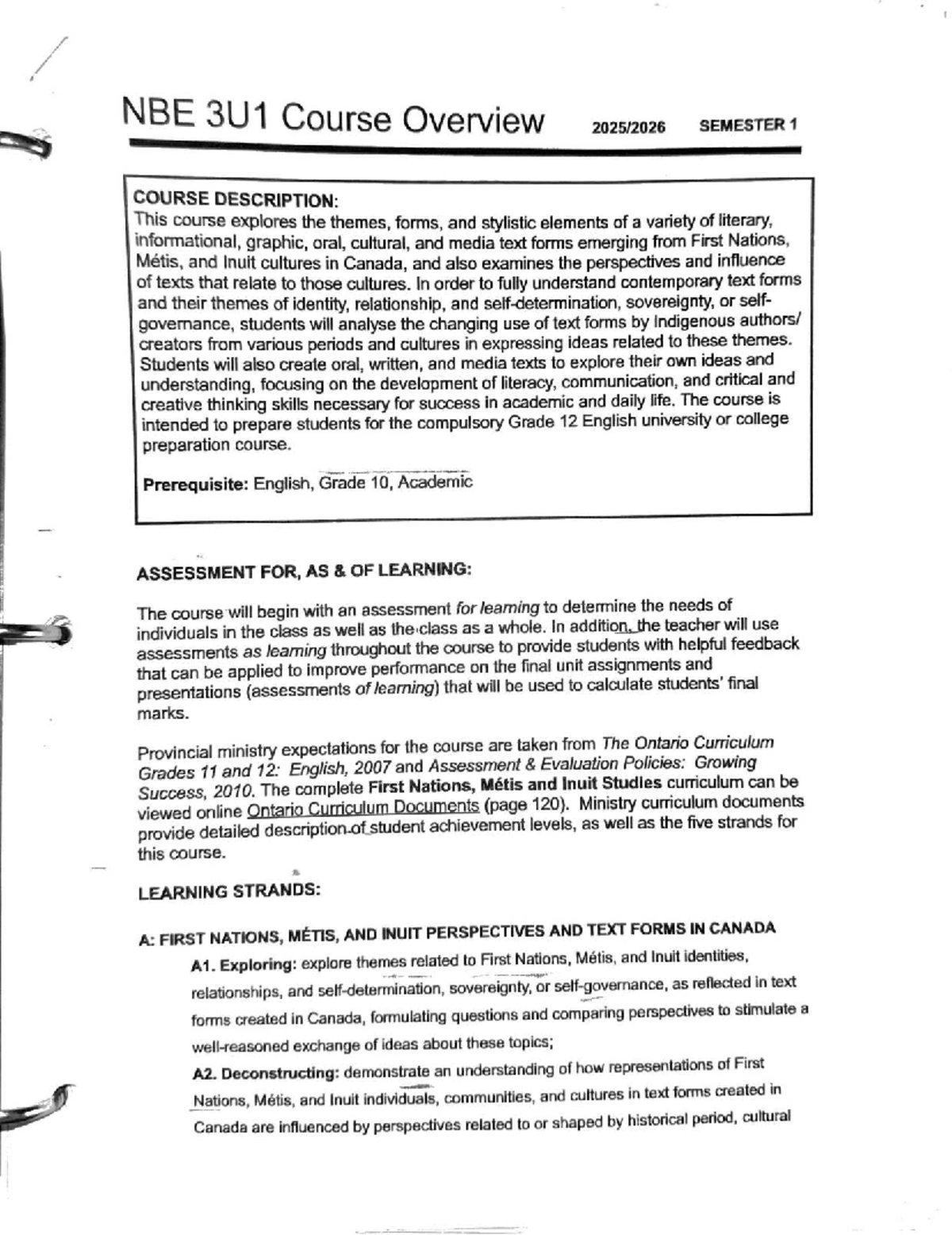 NBE 3U1 Course Overview: First Nations, Métis, and Inuit Texts - Studocu
