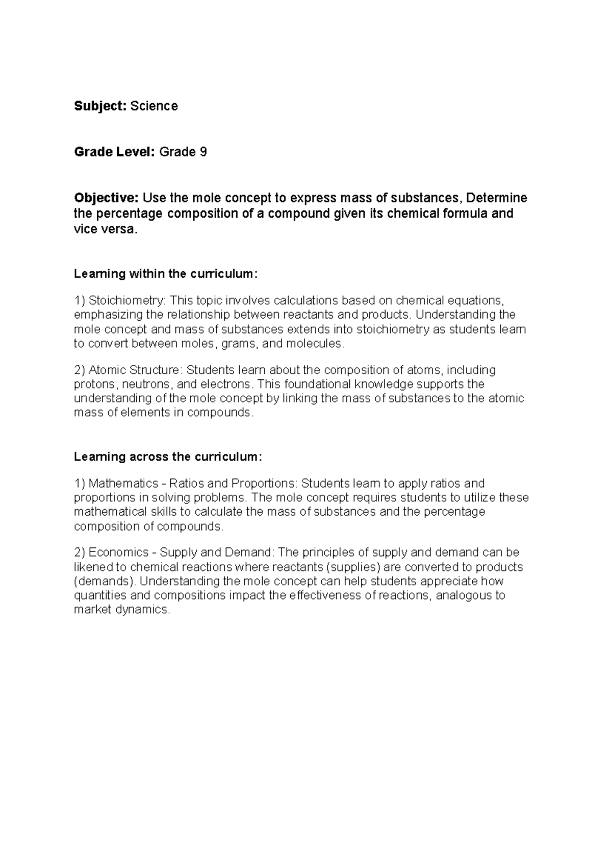 Lesson plan - Science - Subject: Science Grade Level: Grade 9 Objective ...