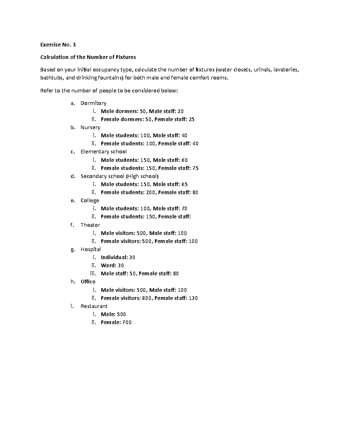 Exercise No. 3 - Fixture Calculation for Occupancy Types and Comfort ...
