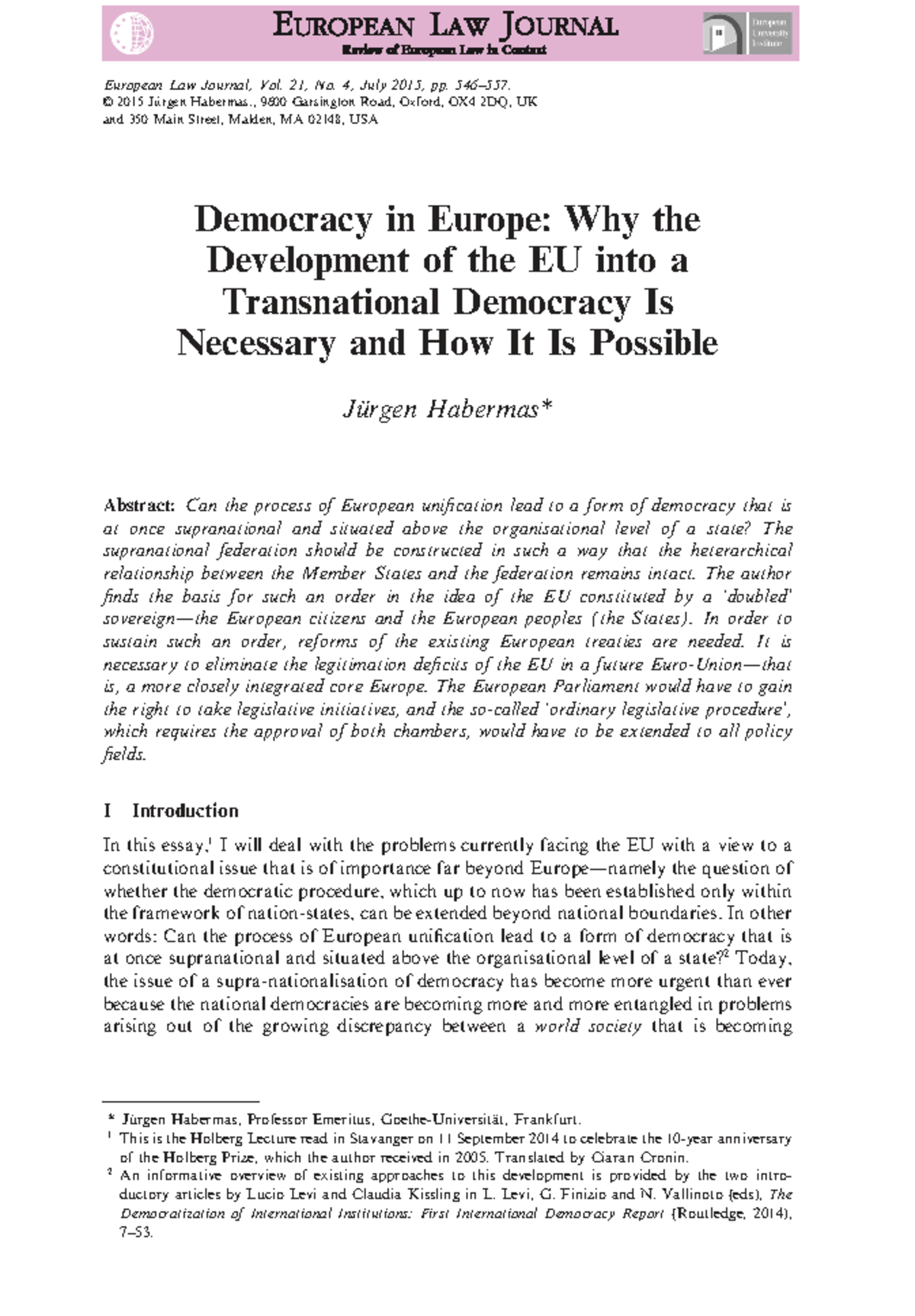 Democracy in Europe: The Need for a Transnational EU (9600) - Studocu