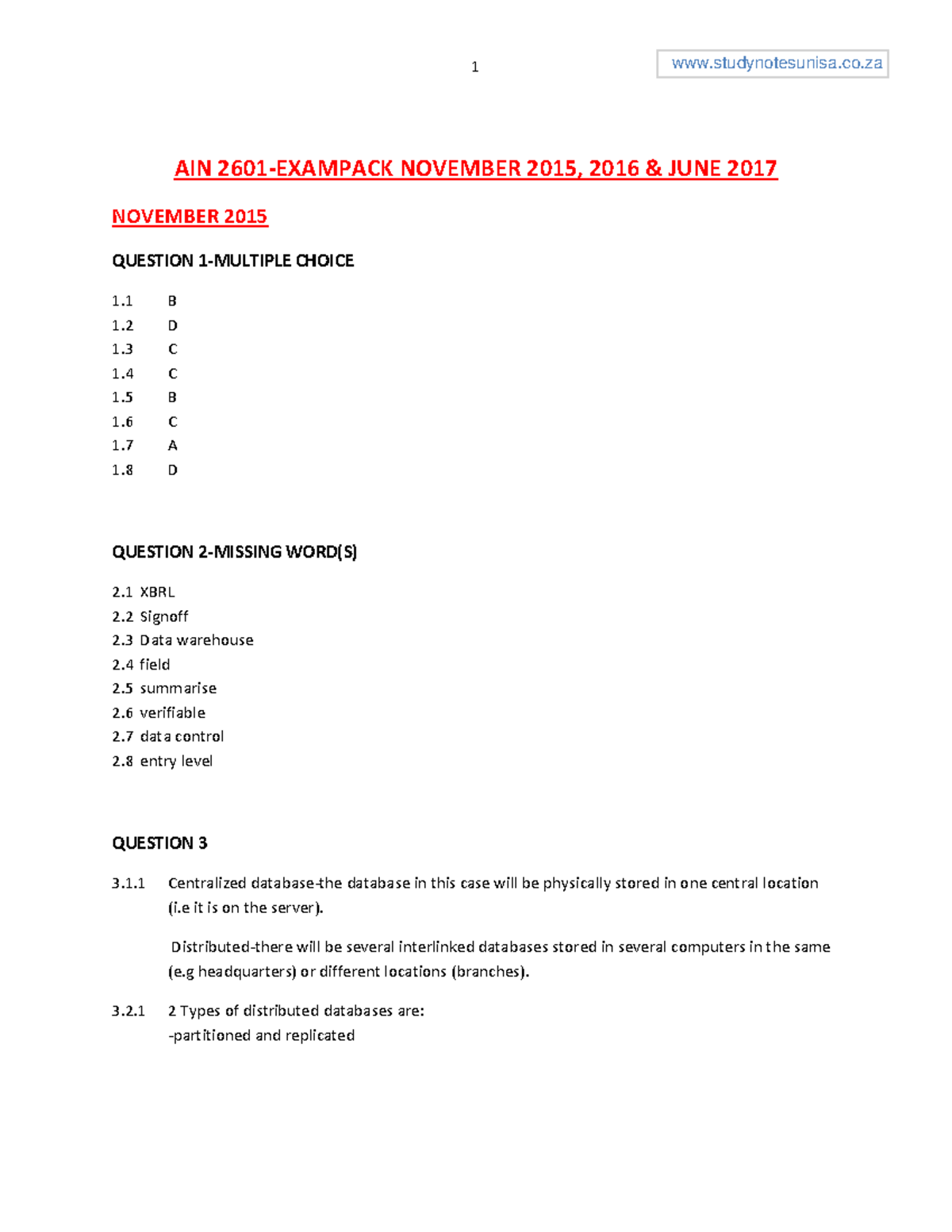 AIN-2601 Exam Pack - Comprehensive Review for Nov 2015 & 2016 - Studocu