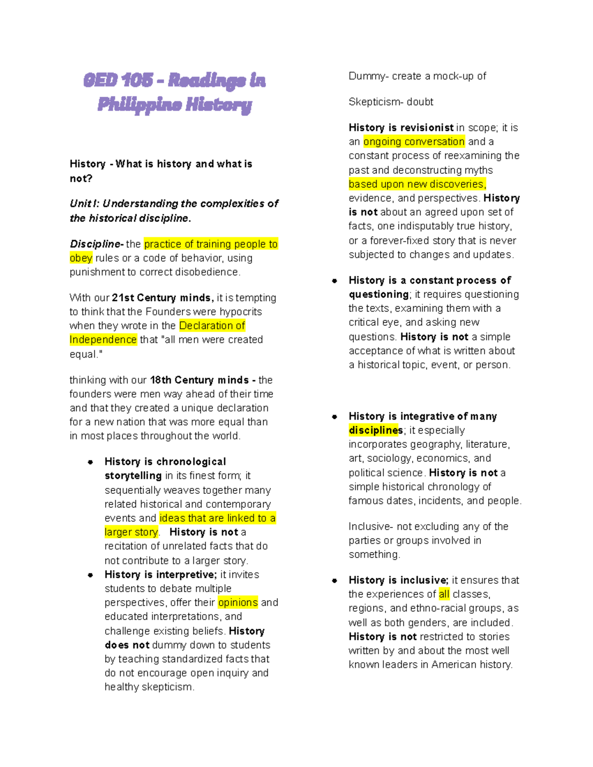 GED 105 Lecture Notes: Understanding Historical Perspectives and ...