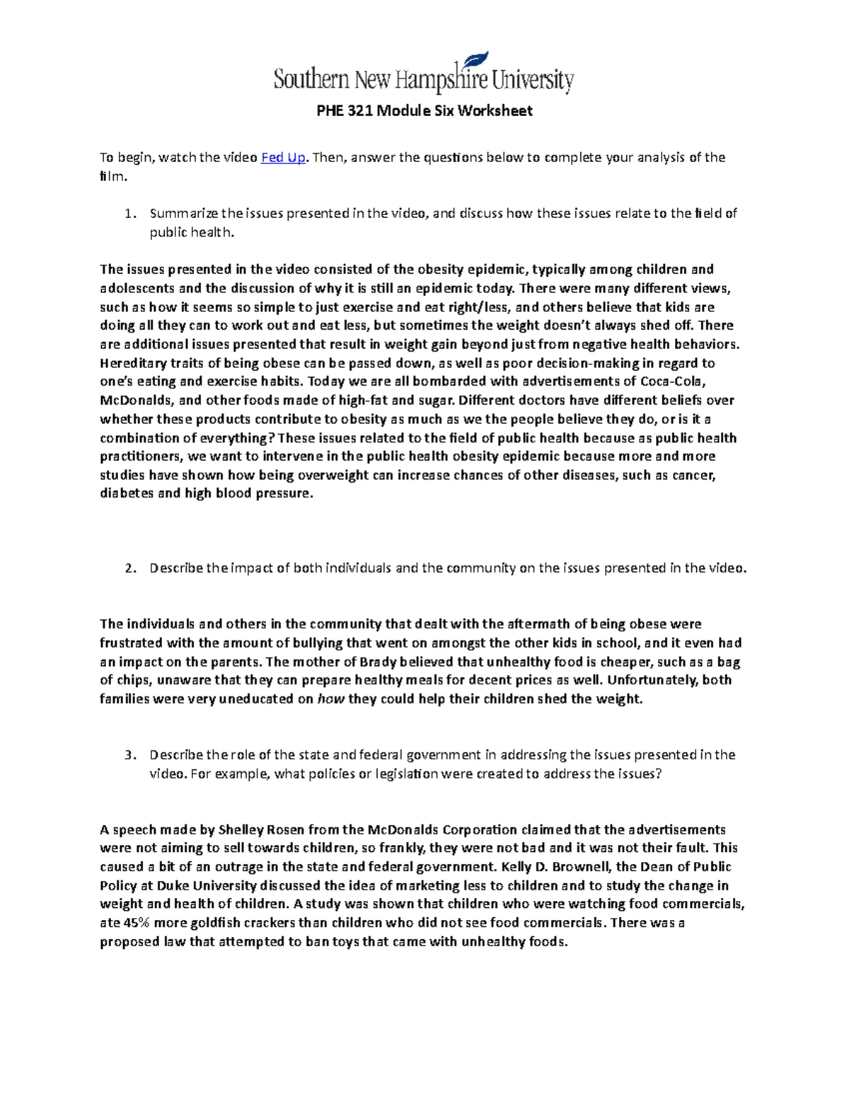 PHE 321 Module Six Worksheet - PHE 321 Module Six Worksheet To begin ...