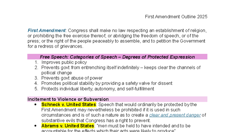 First Amendment Outline 2025: Key Cases and Concepts - Studocu
