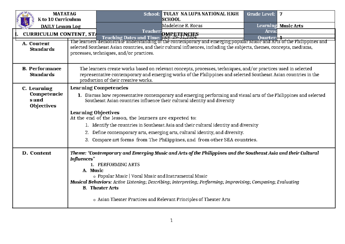 Music ARTS 7 Q1 W1 - lesson plan - I. CURRICULUM CONTENT, STANDARDS ...