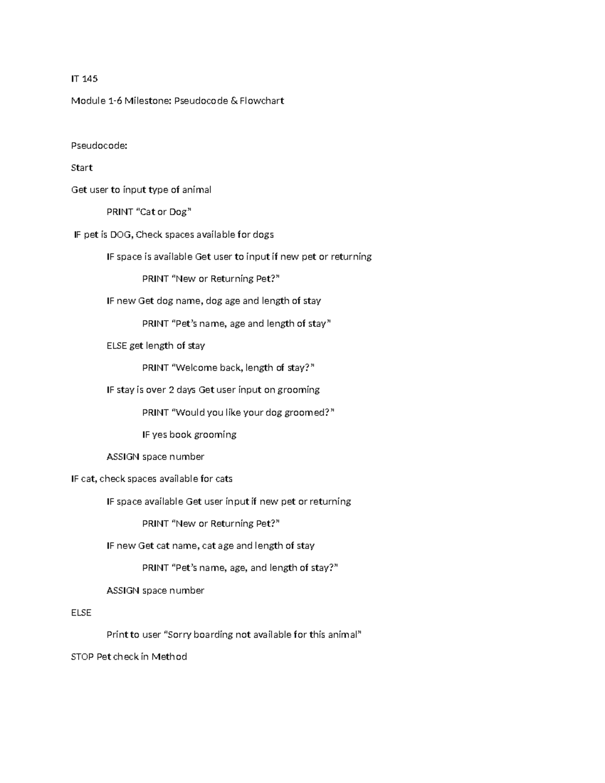 IT 145 - Milestone: Pseudocode & Flowchart Assignment Example - Studocu
