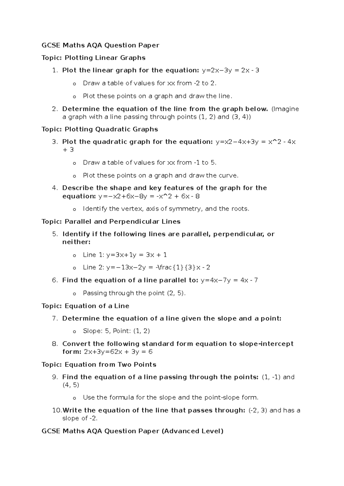 GCSE Maths AQA Question Paper: Advanced Level Graphing Techniques - Studocu